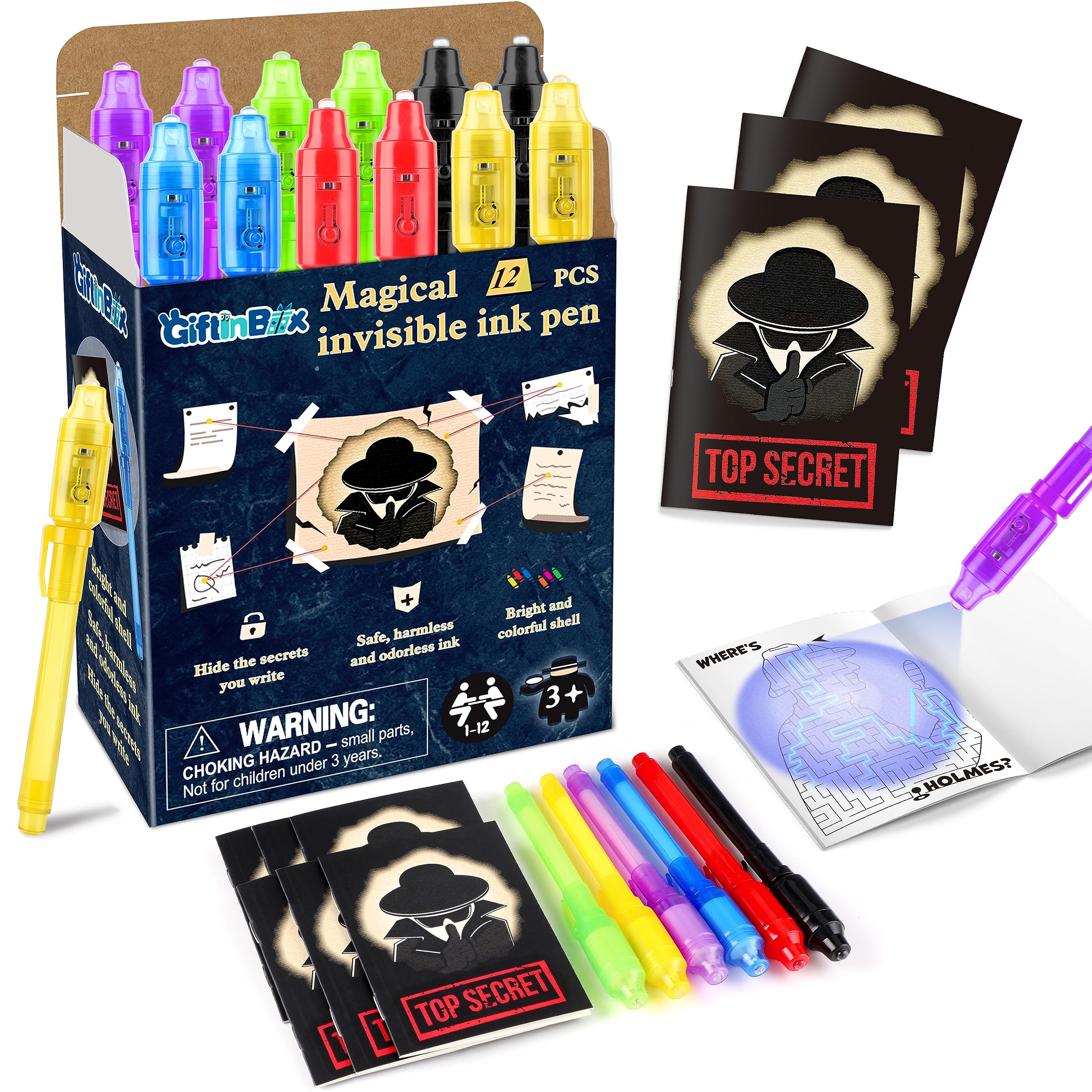 GIFTINBOX Invisible Ink Pens with UV light for Kids, Spy Pen Party ...