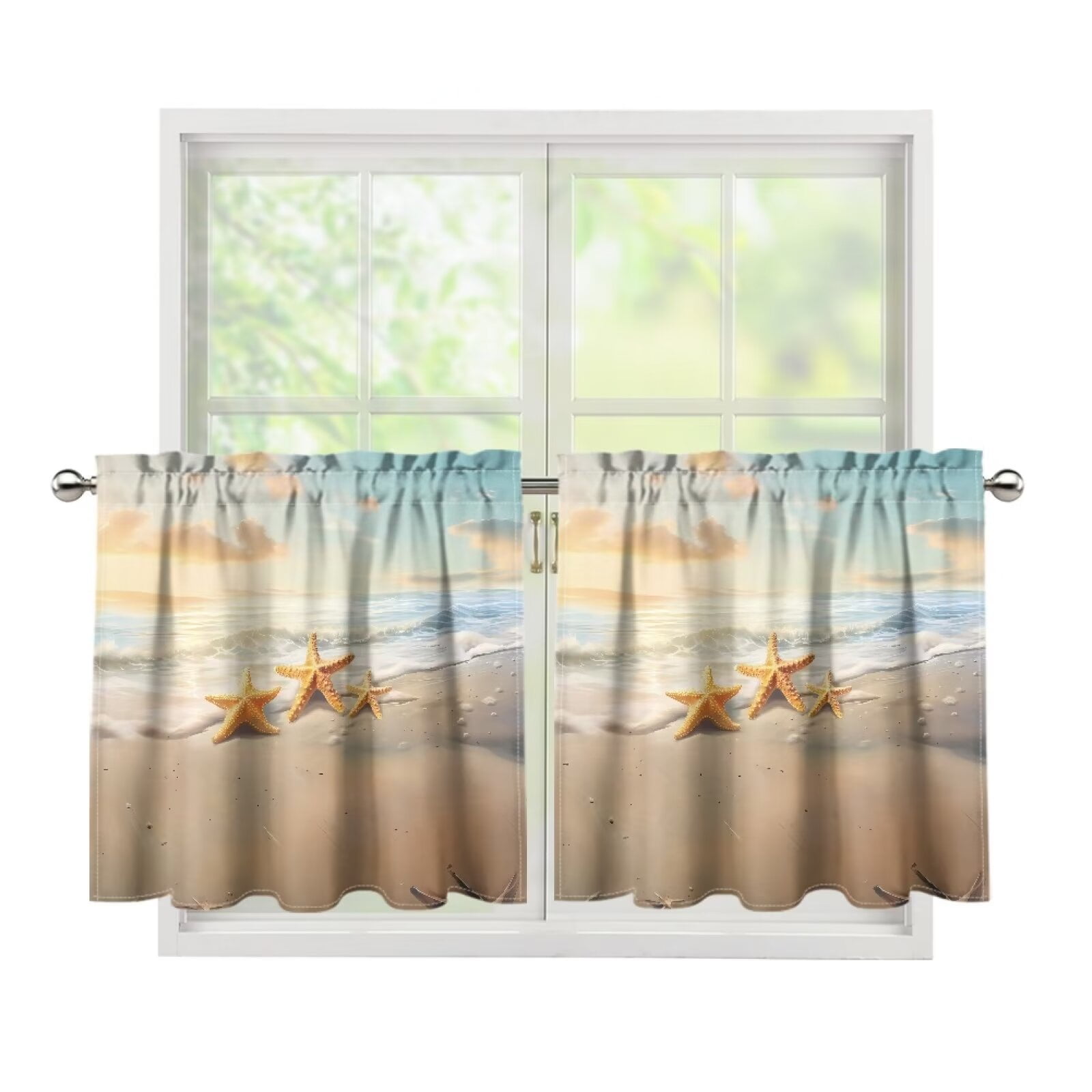 GIFTPUZZ Beach Starfish Tier Curtains Short Curtain Waterproof Window ...