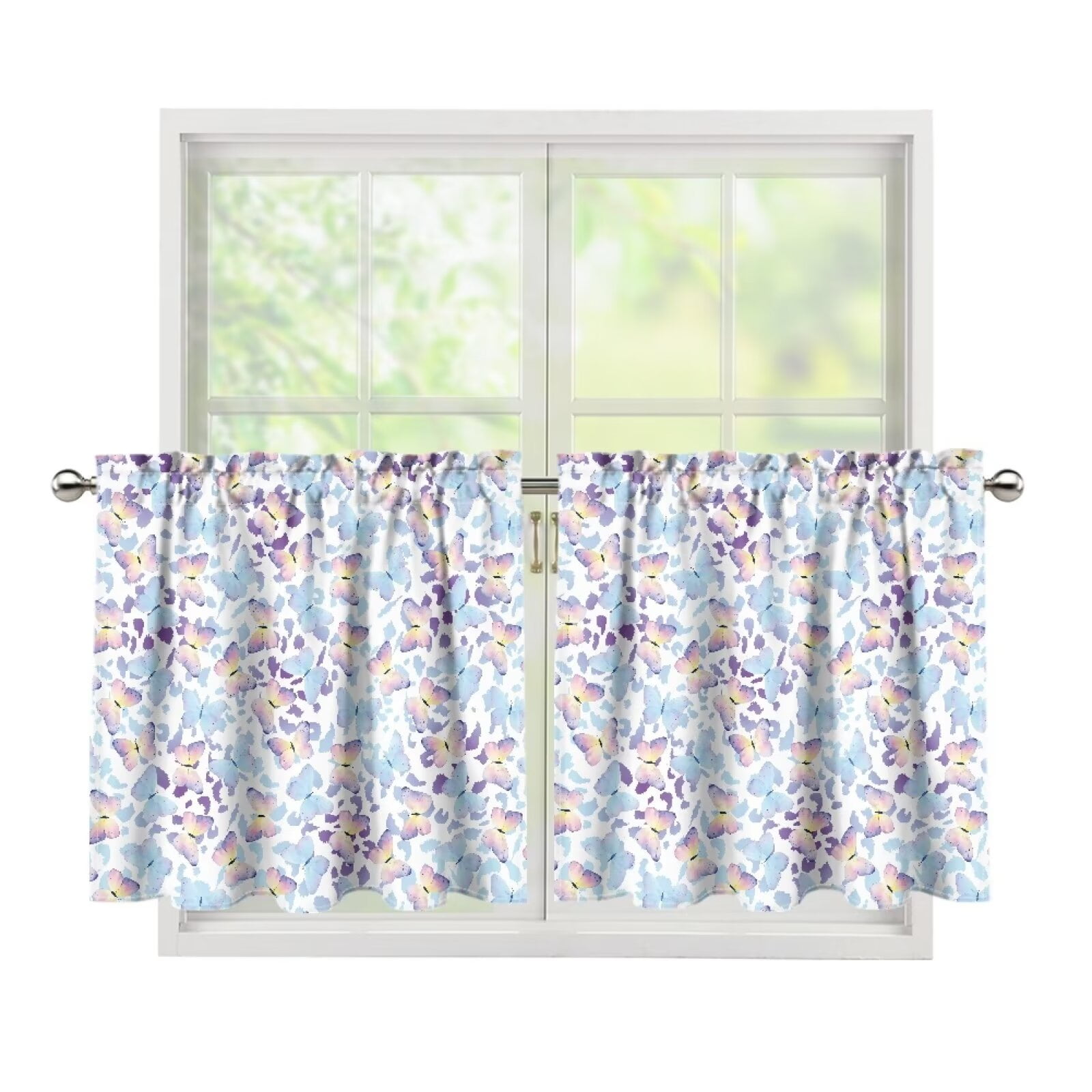 GIFTPUZZ Blue Purple Butterfly Kitchen Curtains Half Tiers Curtains ...