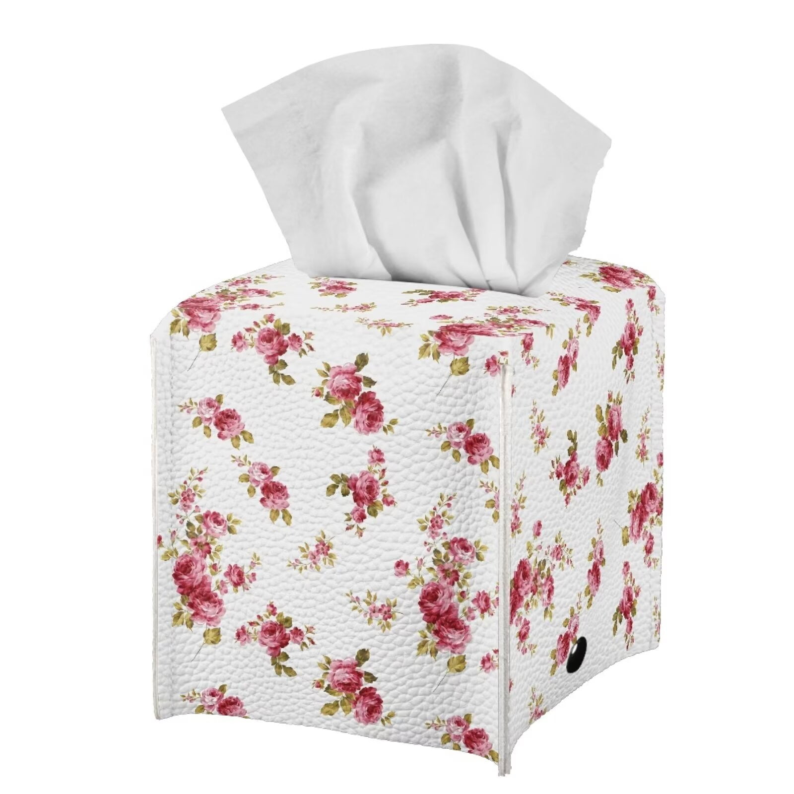 GIFTPUZZ Pink Flower Tissue Box Cover Square, PU Leather Tissue Box ...
