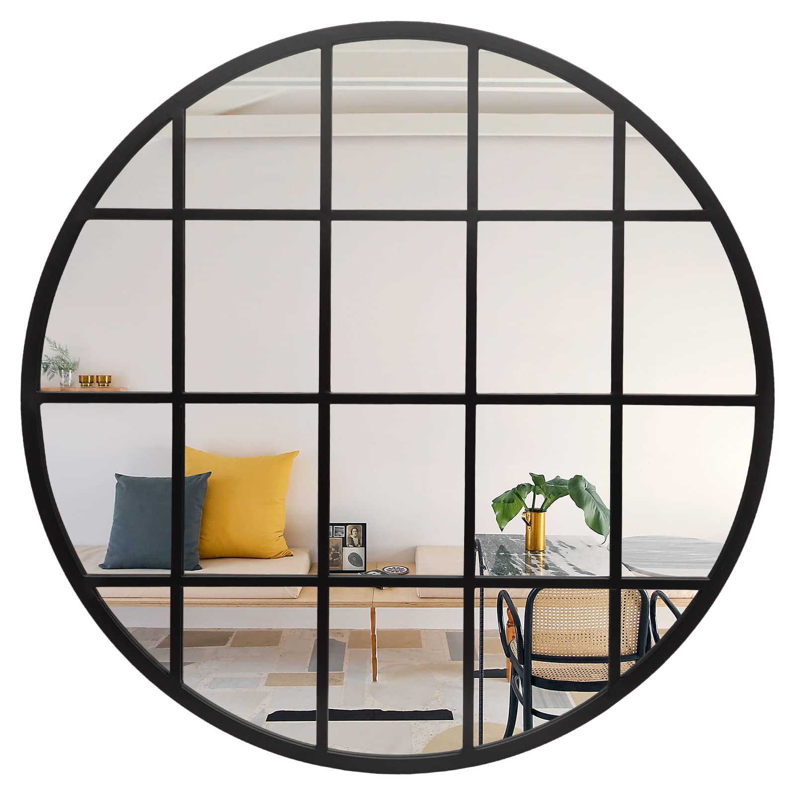 GIFTTROVE 36 Inch Round Grid Wall Mirror, Metal Framed Window Pane ...