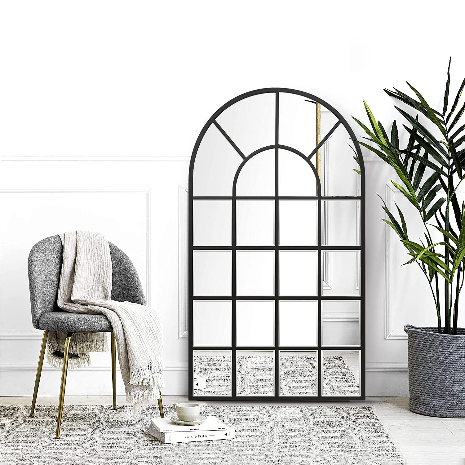 DecMode Industrial Metal Arched Window Pane Shape Wall Mirror with Dark ...