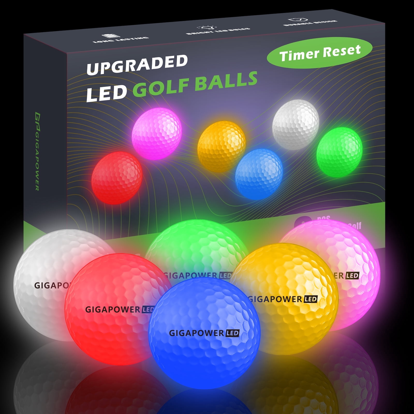 GIGAPOWER Glow in the Dark Golf Balls, 6 Colors Pack, Ultra Bright ...
