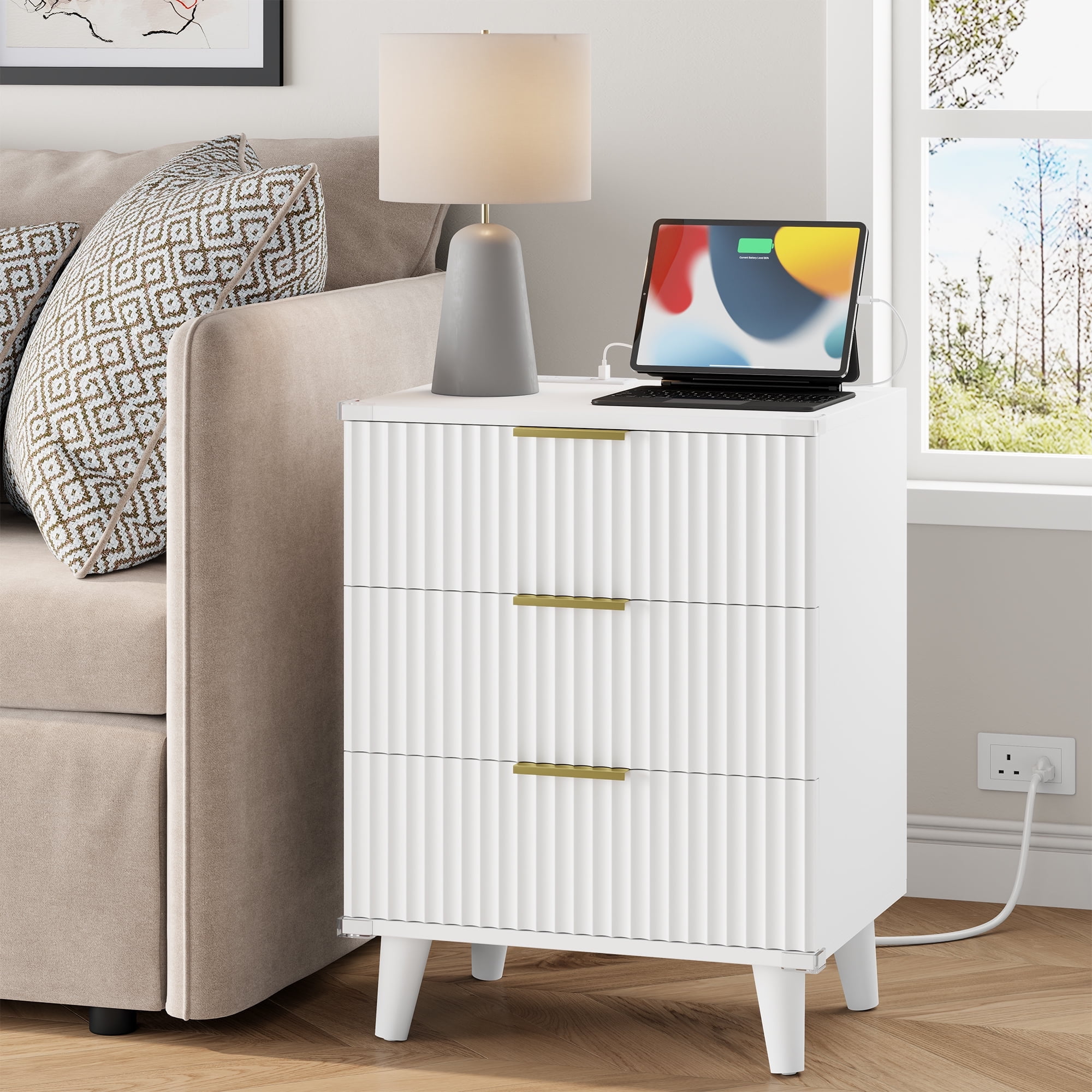 GIKPAL Fluted 3 Drawer Dresser, Small Dresser & End Table with Charging ...