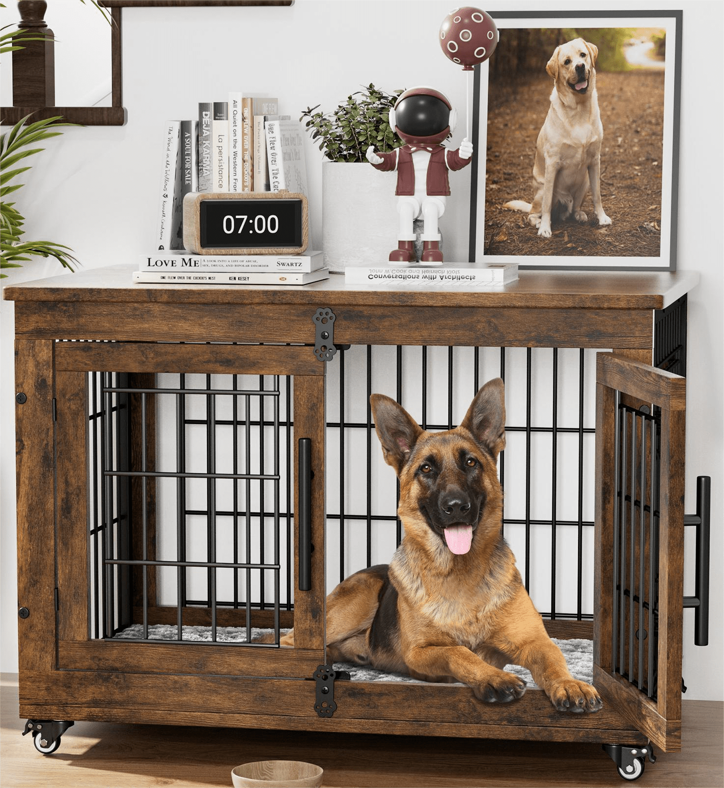 GIKPAL 32-Inch Dog Crate With Padded, 2-Door Wooden Wheels, Indoor Dogs ...