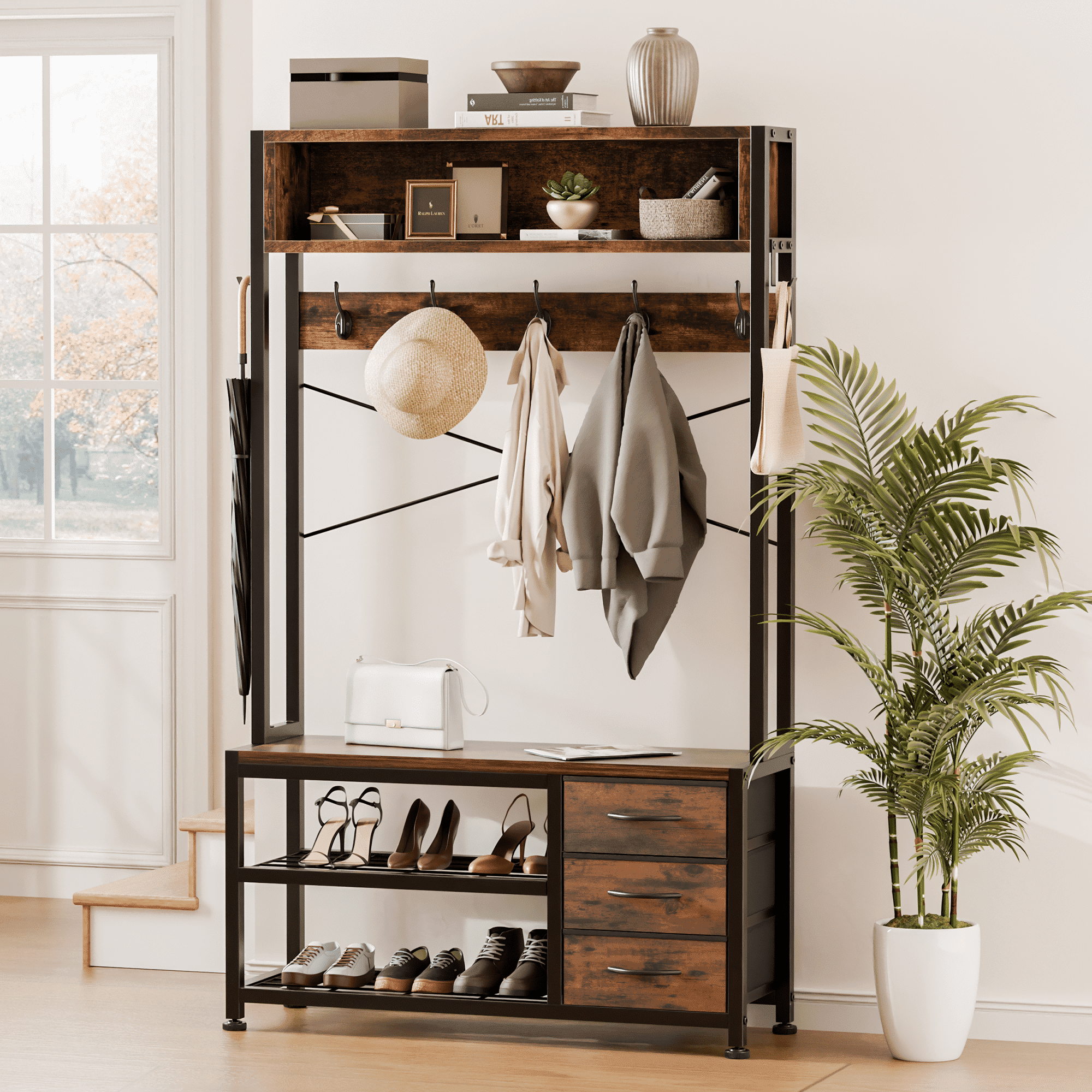 GIKPAL 5 in 1 Hall Tree, Entryway Bench with Coat Hooks Industrial ... GIKPAL 5 in 1 Hall Tree, Entryway Bench with Coat Hooks Industrial ...