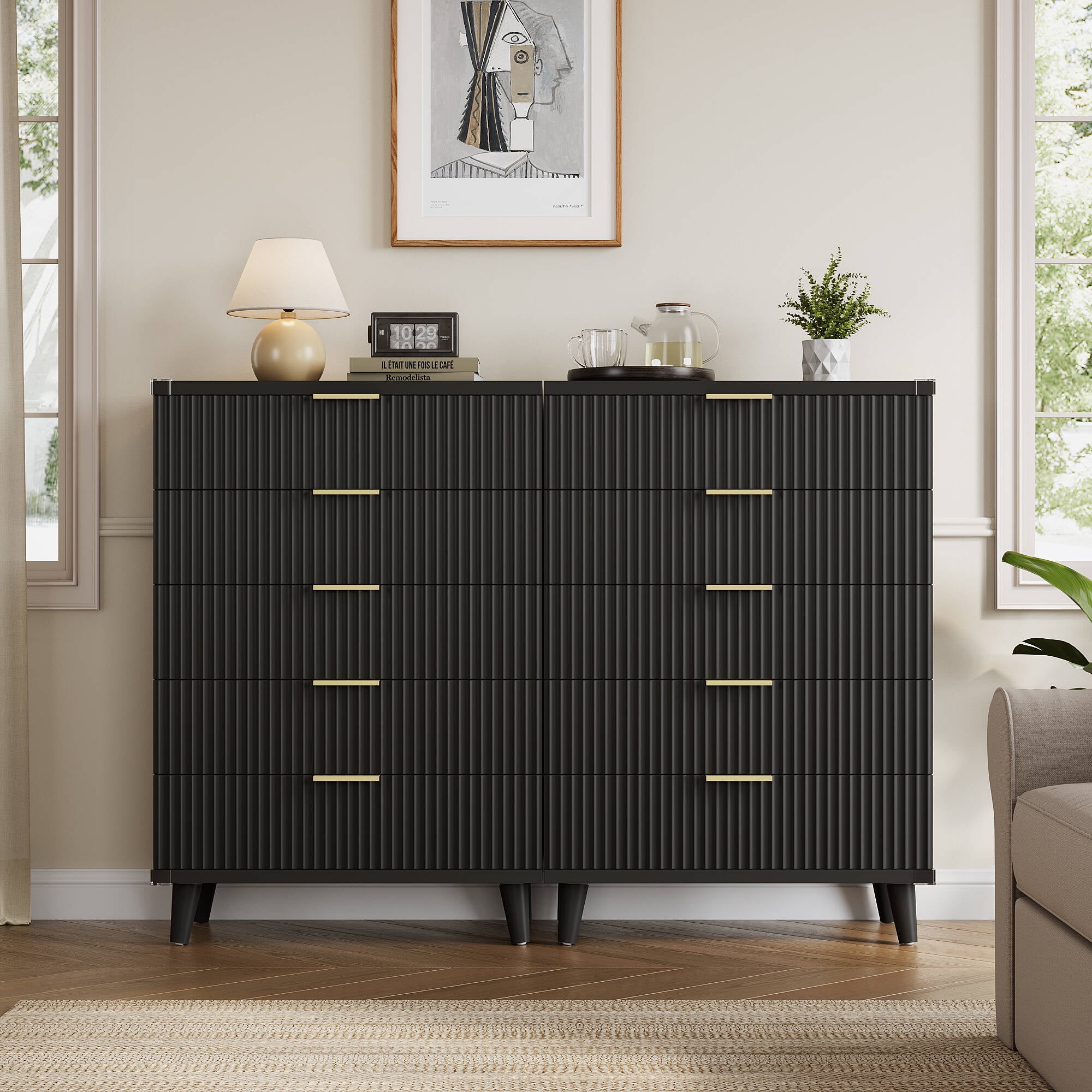GIKPAL Fluted Tall Dresser Set of 2, Modern Fluted Black Dresser Wood ...