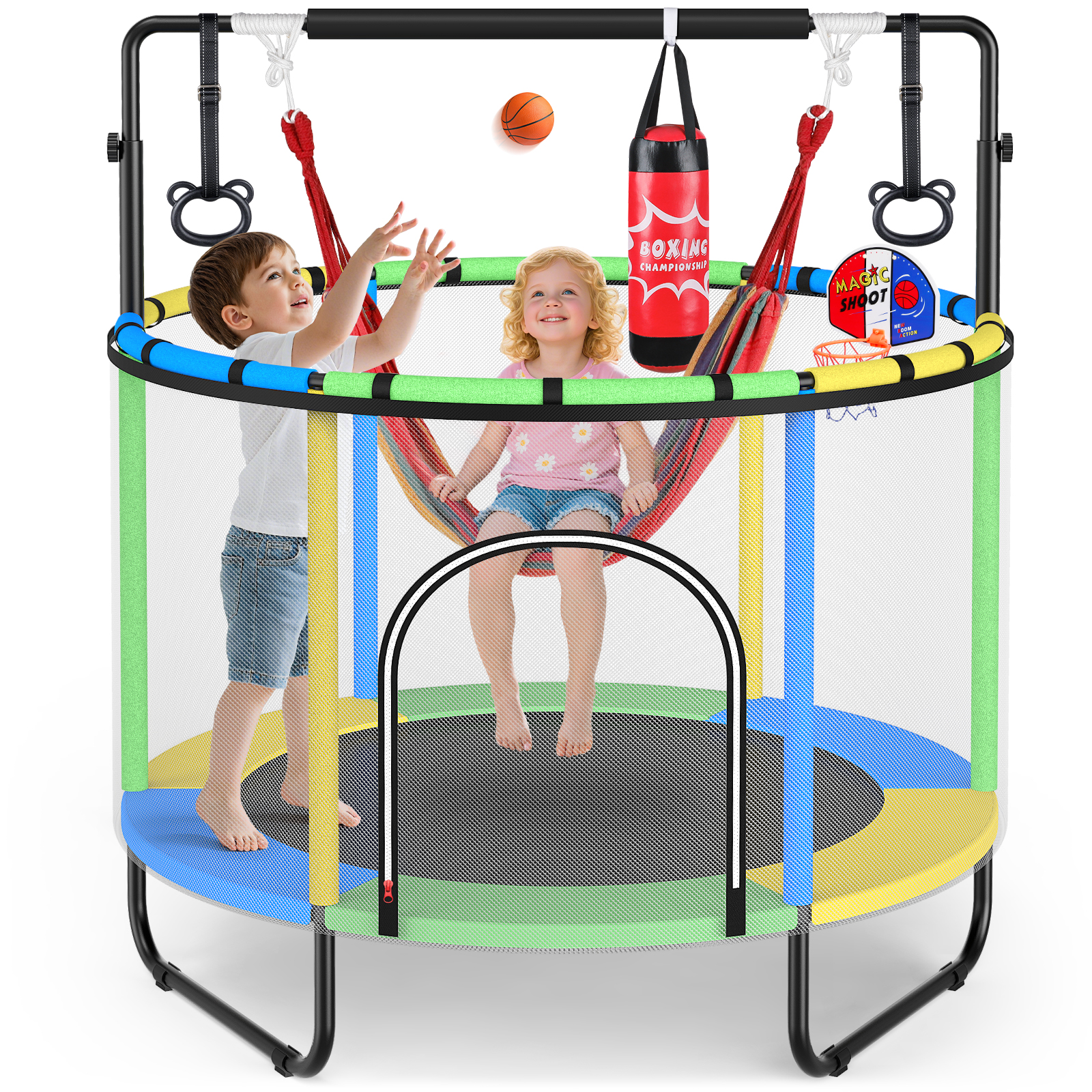 GIKPAL 60'' Kids Trampoline with Basketball Hoop & Safety Net, Swing ...
