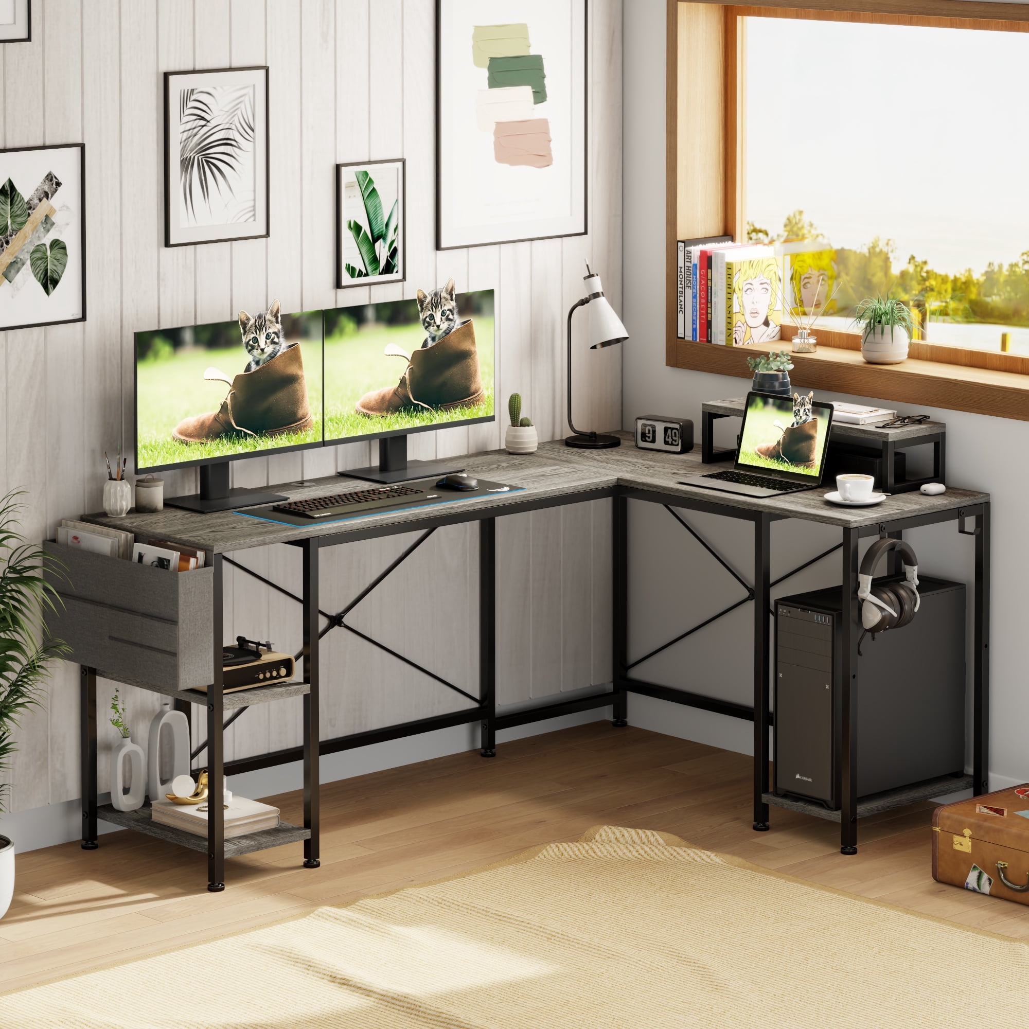GIKPAL L Shaped Desk, Reversible Corner Computer Desk with Monitor ...