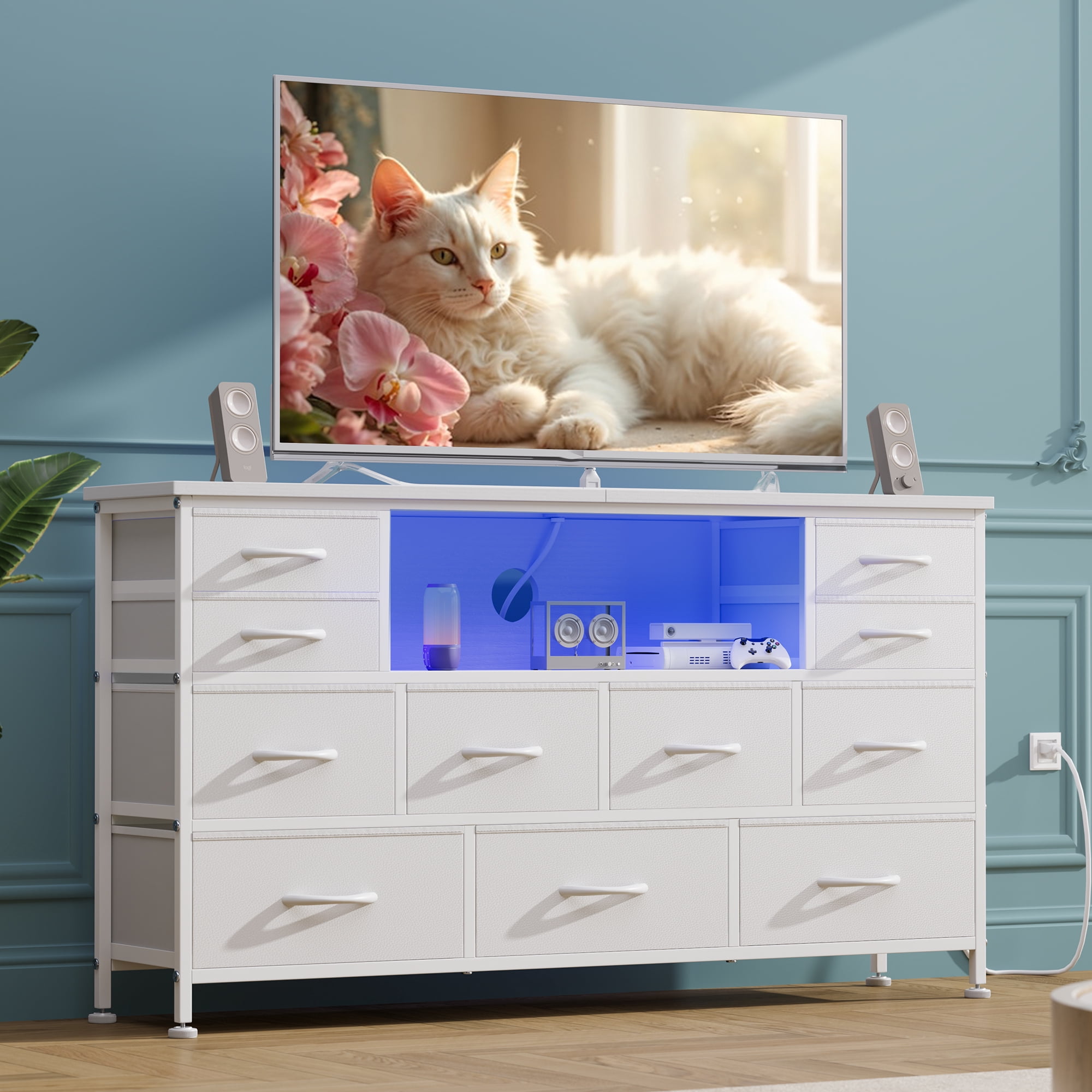 GIKPAL TV Stand Dresser, Chest of Drawers with LED Lights & Power ...