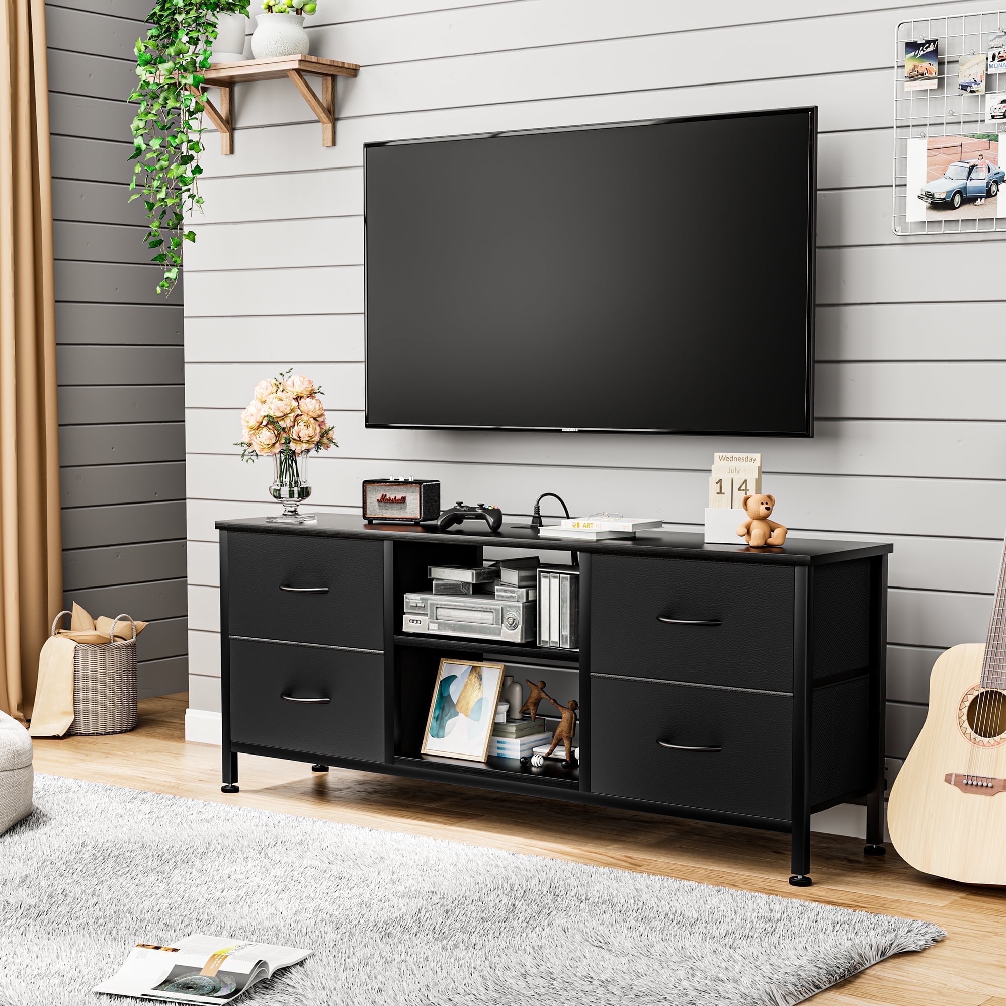 GIKPAL Dresser TV Stand, Black Dressers for Bedroom TV Stand 4 Drawers ...