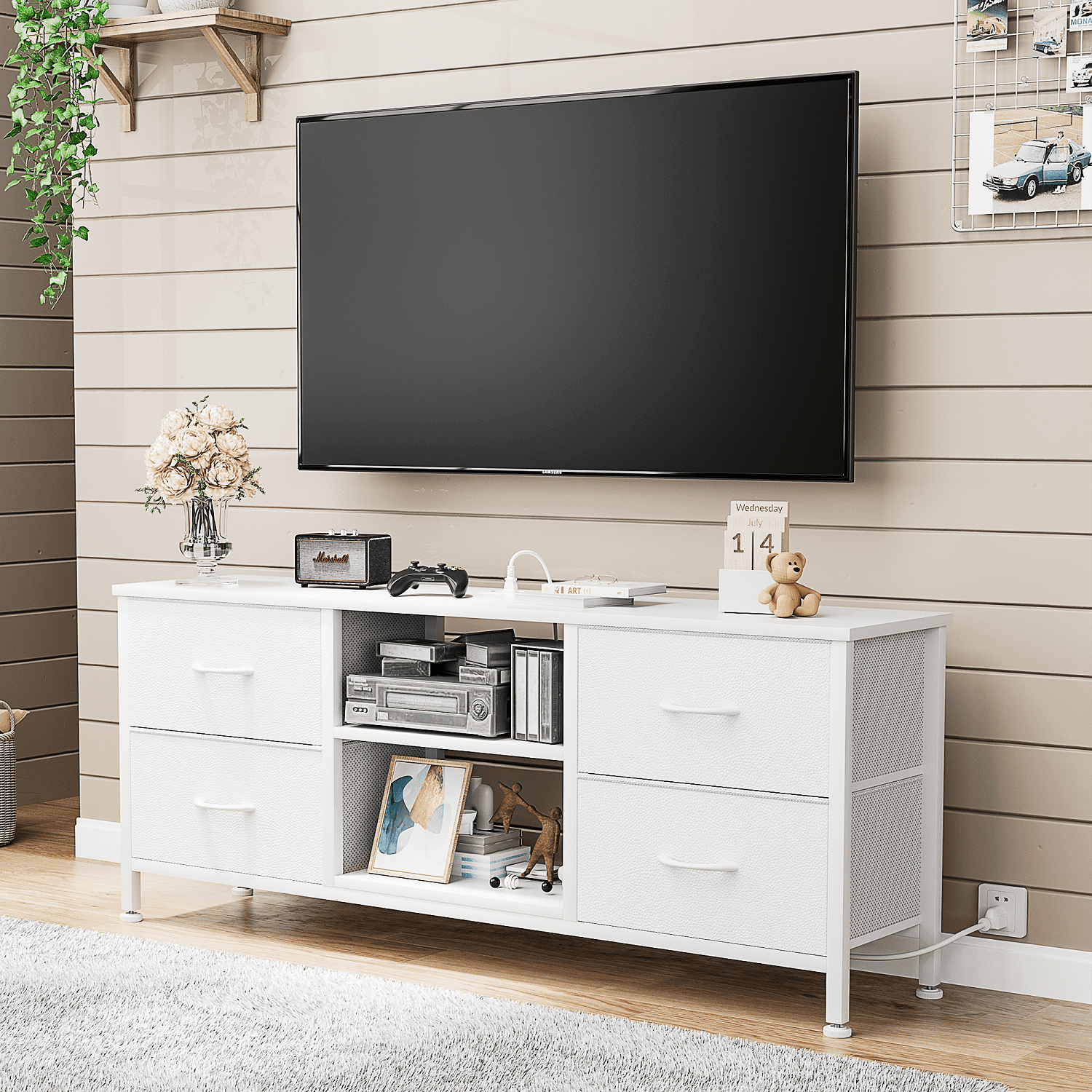 GIKPAL Dresser TV Stand, White Dressers for Bedroom TV Stand 4 Drawers ...