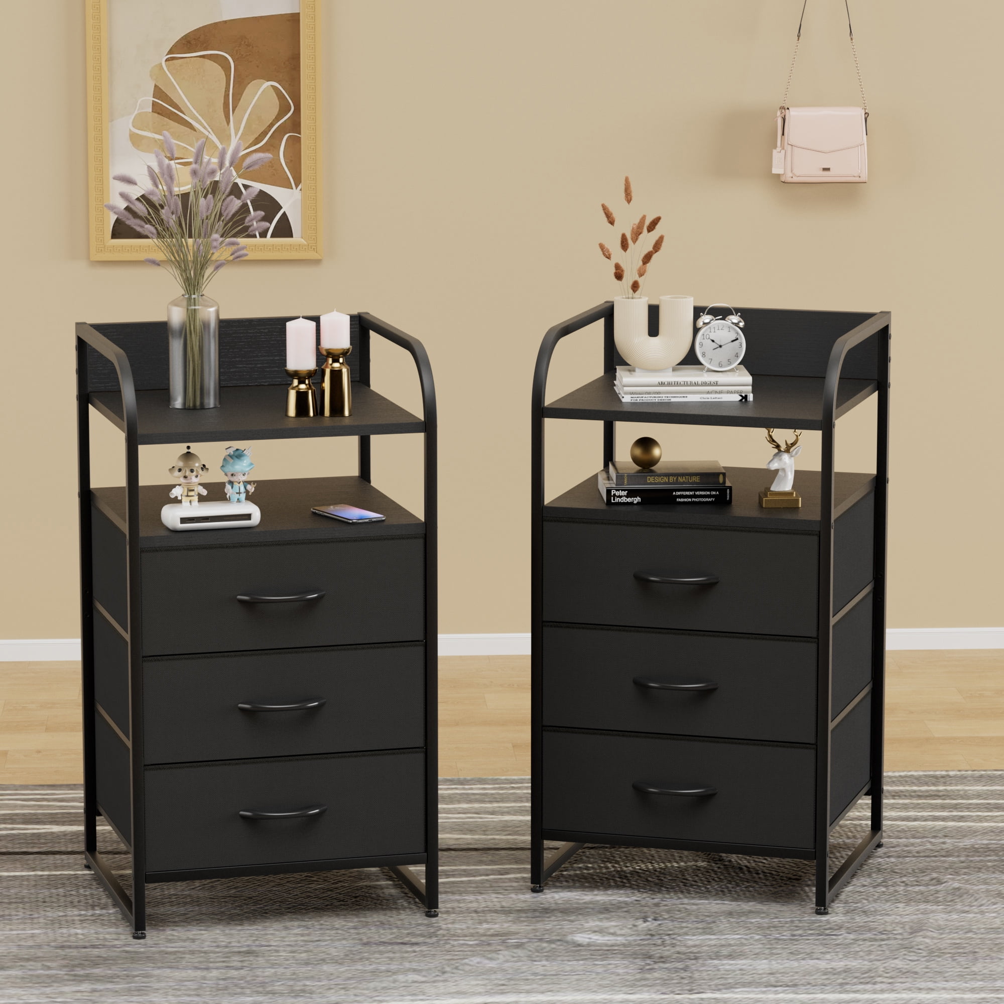 GIKPAL NightStand Set of 2, Black Nightstand with 3 Fabric Drawers & 2 ...