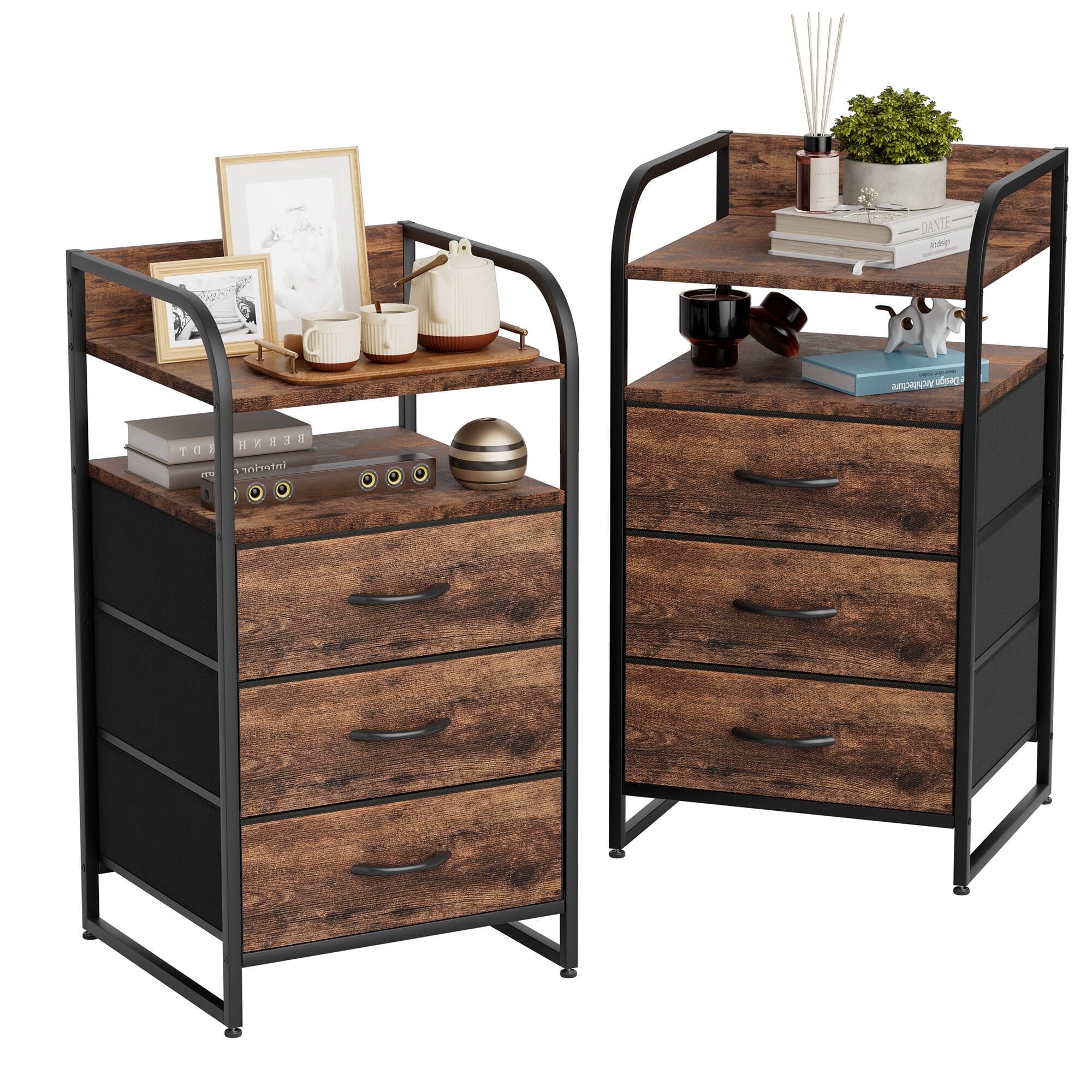 GIKPAL Nightstands Set of 2, Fabric End Side Table, 3 Drawers Night ...
