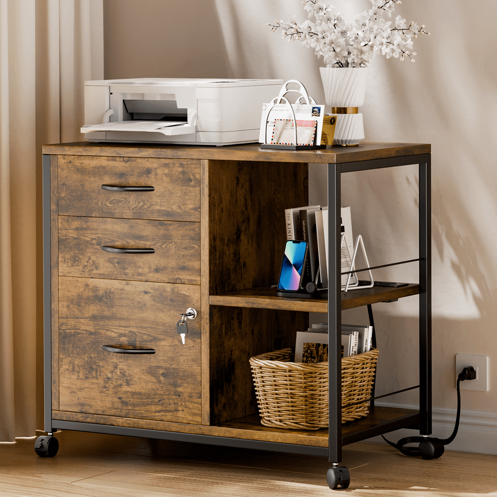 GIKPAL 3 Drawers File Cabinet with Printer Stand and USB Charging Ports ...