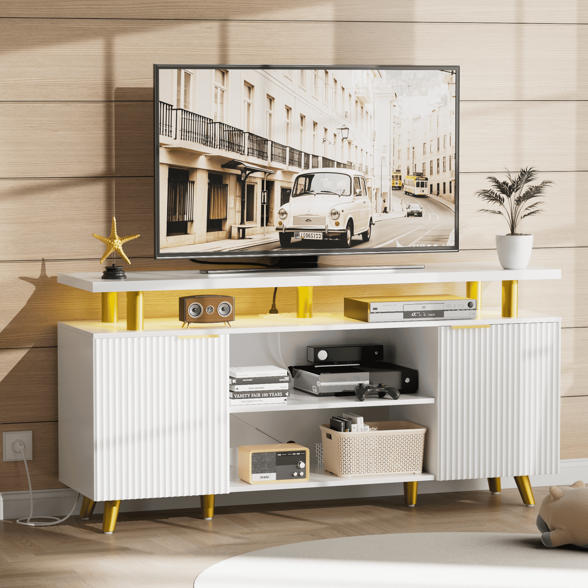 GIKPAL Fluted TV Stand for 65 inch TV with Charging Station, LED Entertainment Center with ...