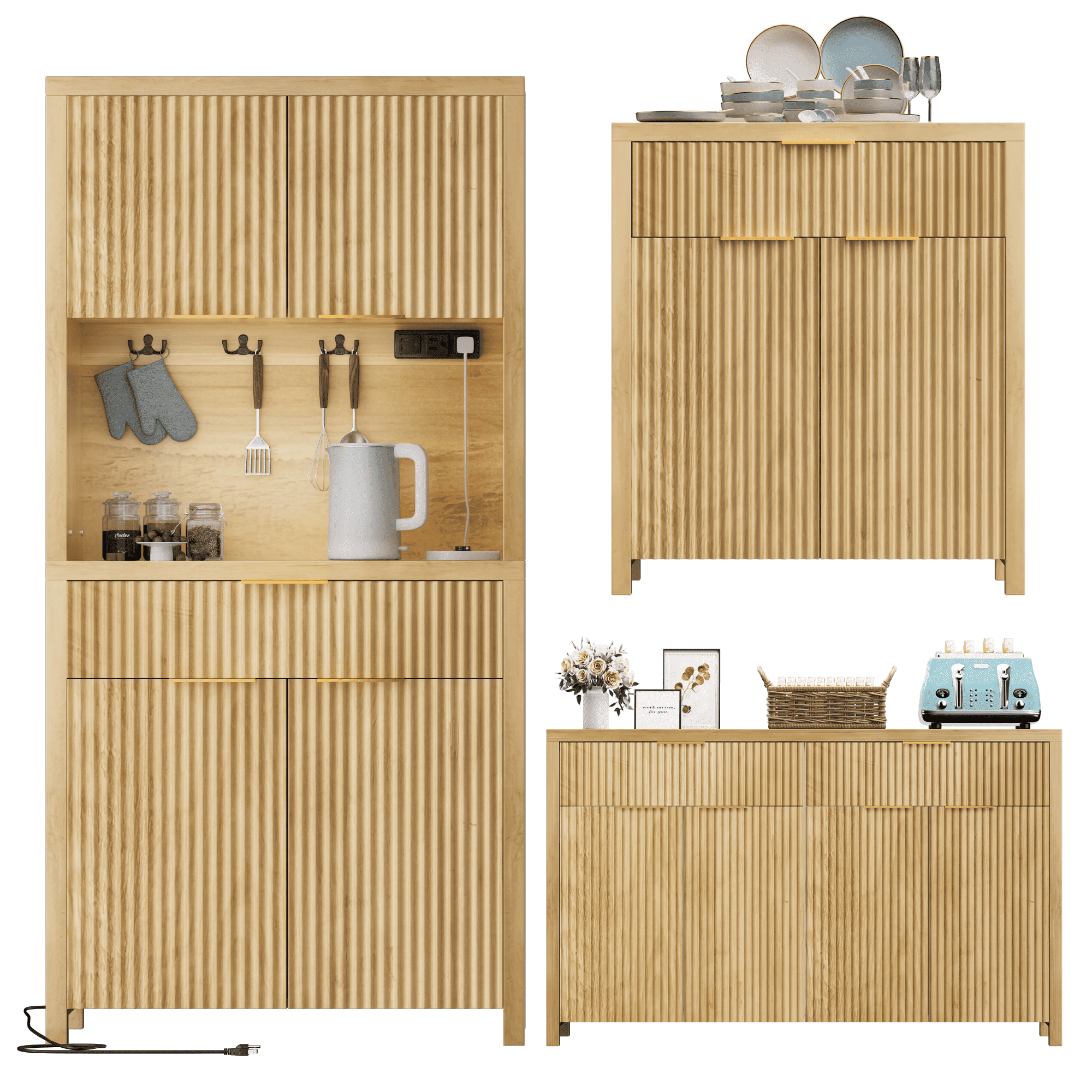 GIKPAL Pantry and Buffet 3-Piece, Include Pantry Cabinet with Outlet ...