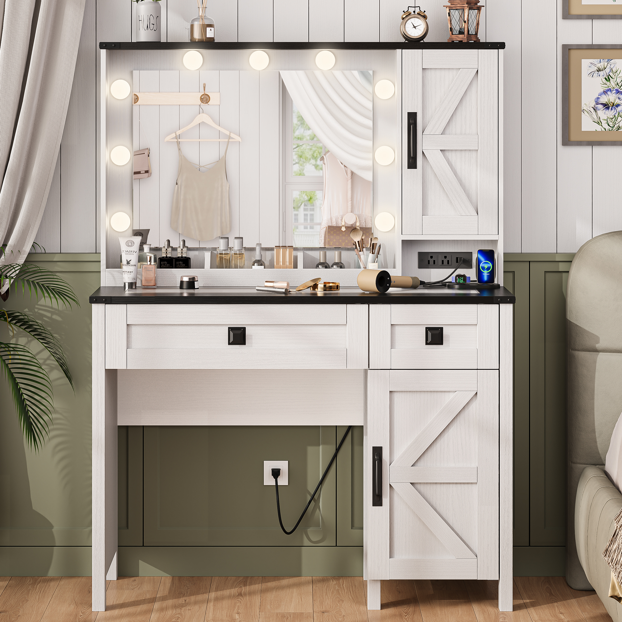 GIKPAL Makeup Vanity, Vanity Desk with Mirror & Glass Top, Farmhouse ...