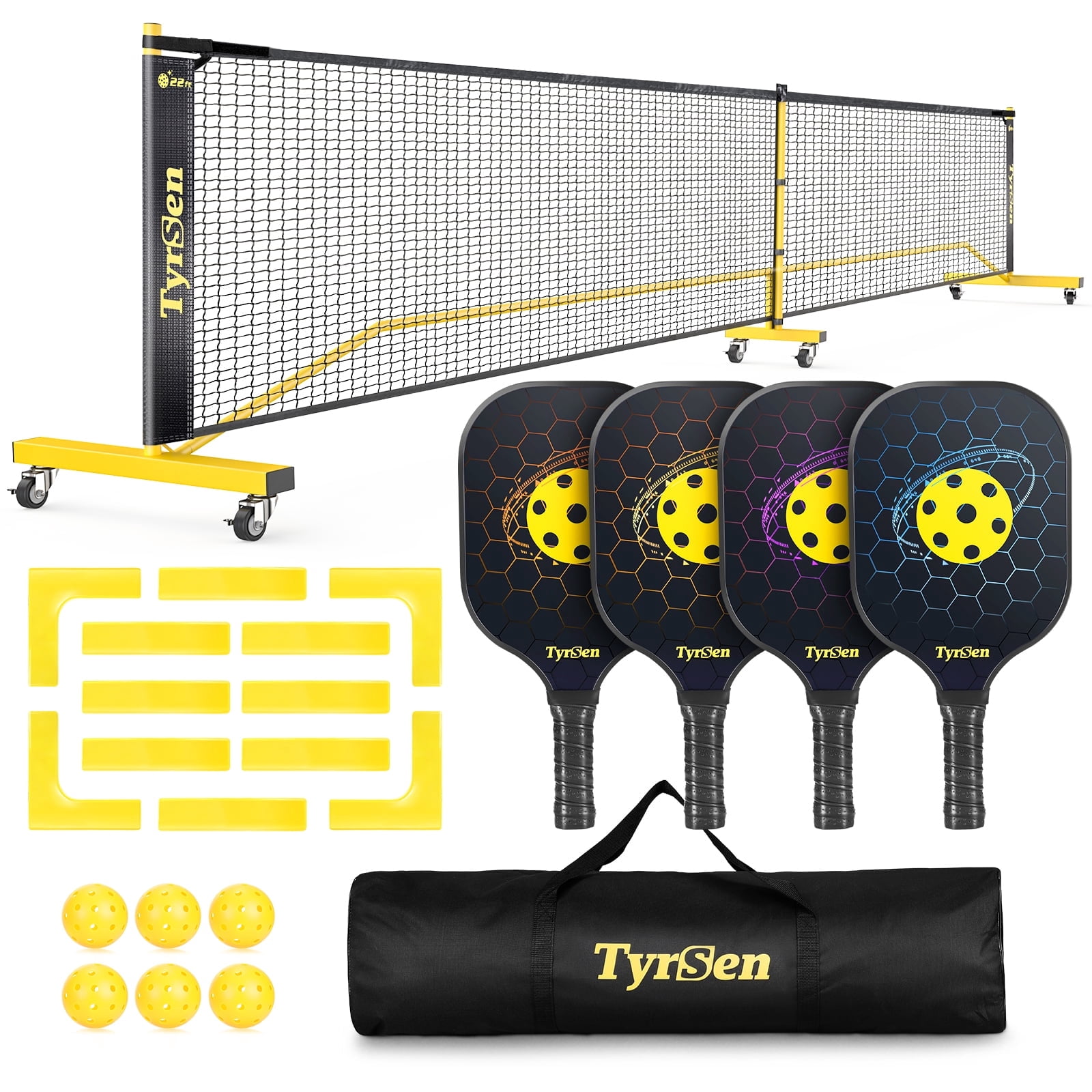 Tyrsen Outdoor Pickleball Set, 22 FT & 11 FT Net with 4 Paddles, 6 ...