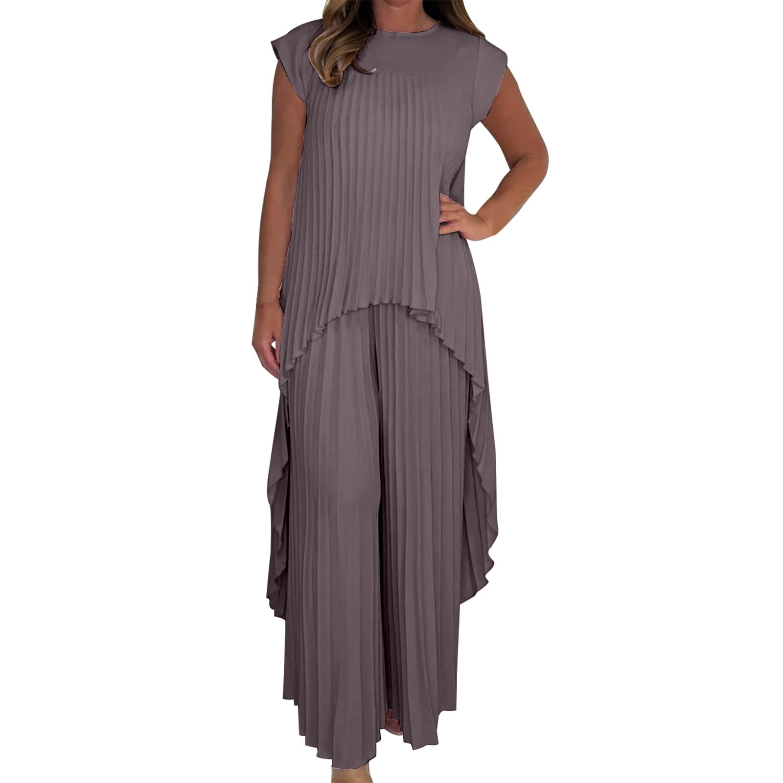 GILIGEGE 2 Piece Sets for Women Set Of Pleated Short Sleeved Irregular Midi Top and Wide Leg ...