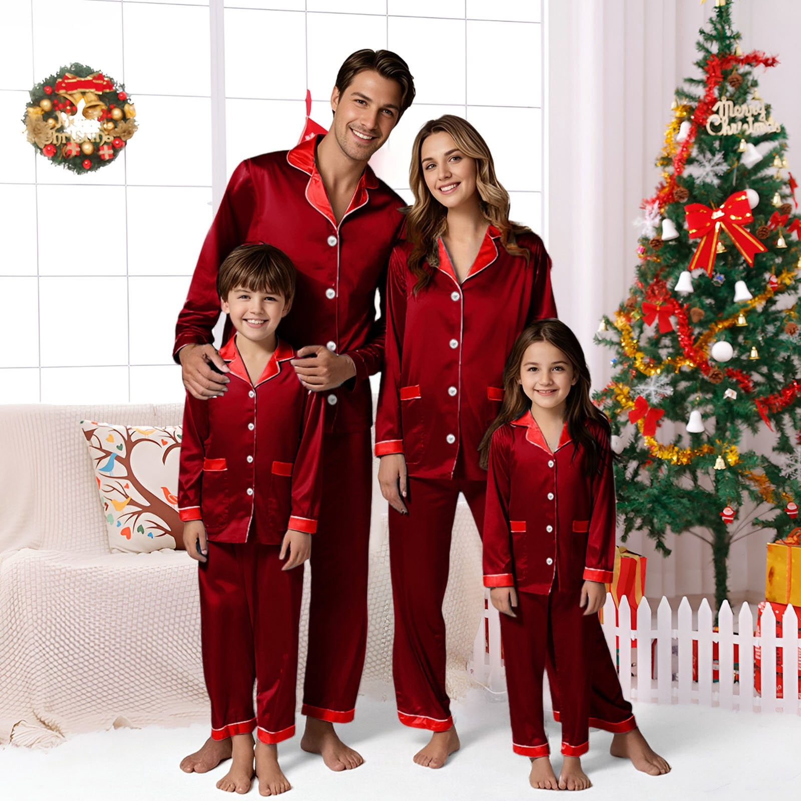 GILIGEGE Christmas Pjs for Family Satin Silk Button Down Solid Long ...