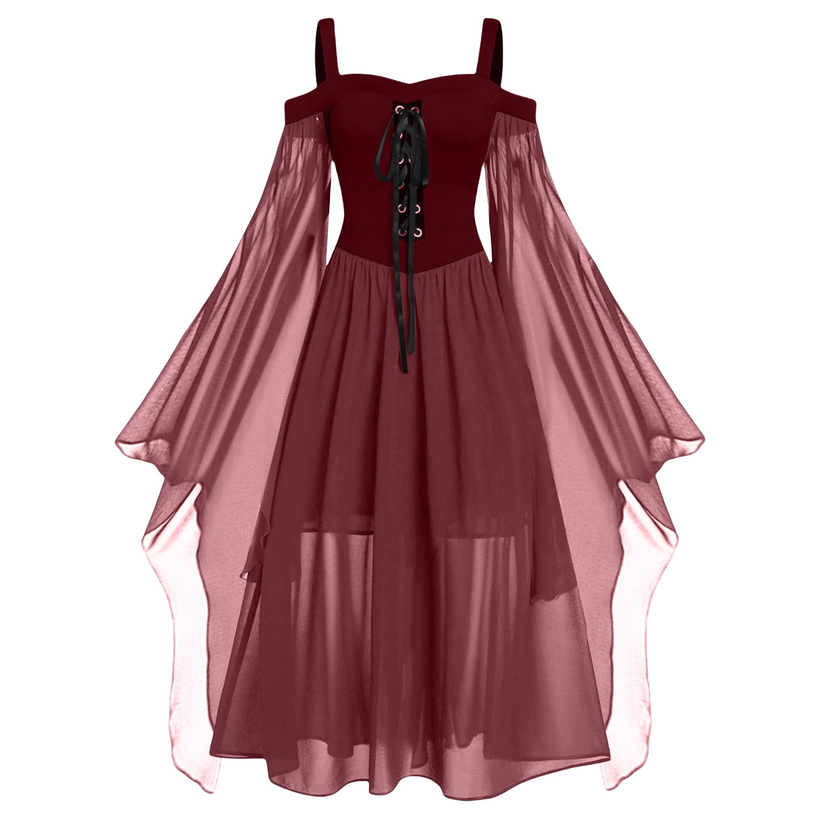 GILIGEGE Gothic Dresses for Women Vintage Chiffon Cold Shoulder Flare Sleeve High Low Dress ...