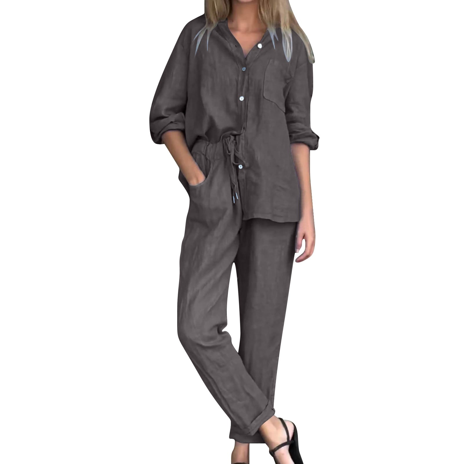 GILIGEGE Linen Sets for Women 2 Piece Summer Oversized Long Sleeve ...