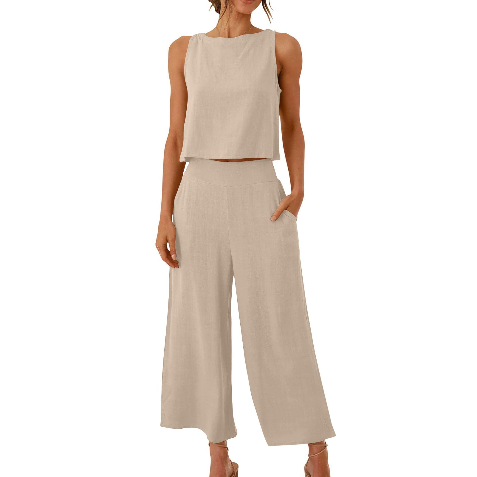 GILIGEGE Linen Sets for Women 2 Piece Summer Sleeveless Short Sleeve ...