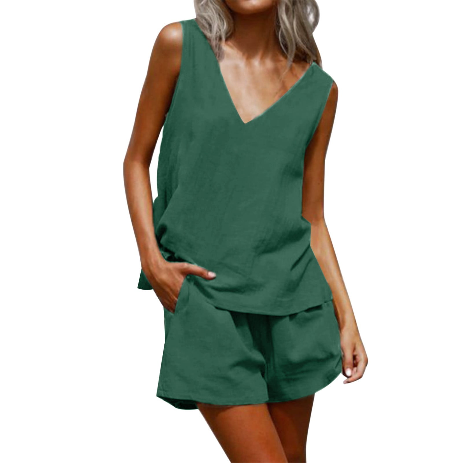 GILIGEGE Linen Sets for Women 2 Piece Summer Womens Outfits V Neck ...