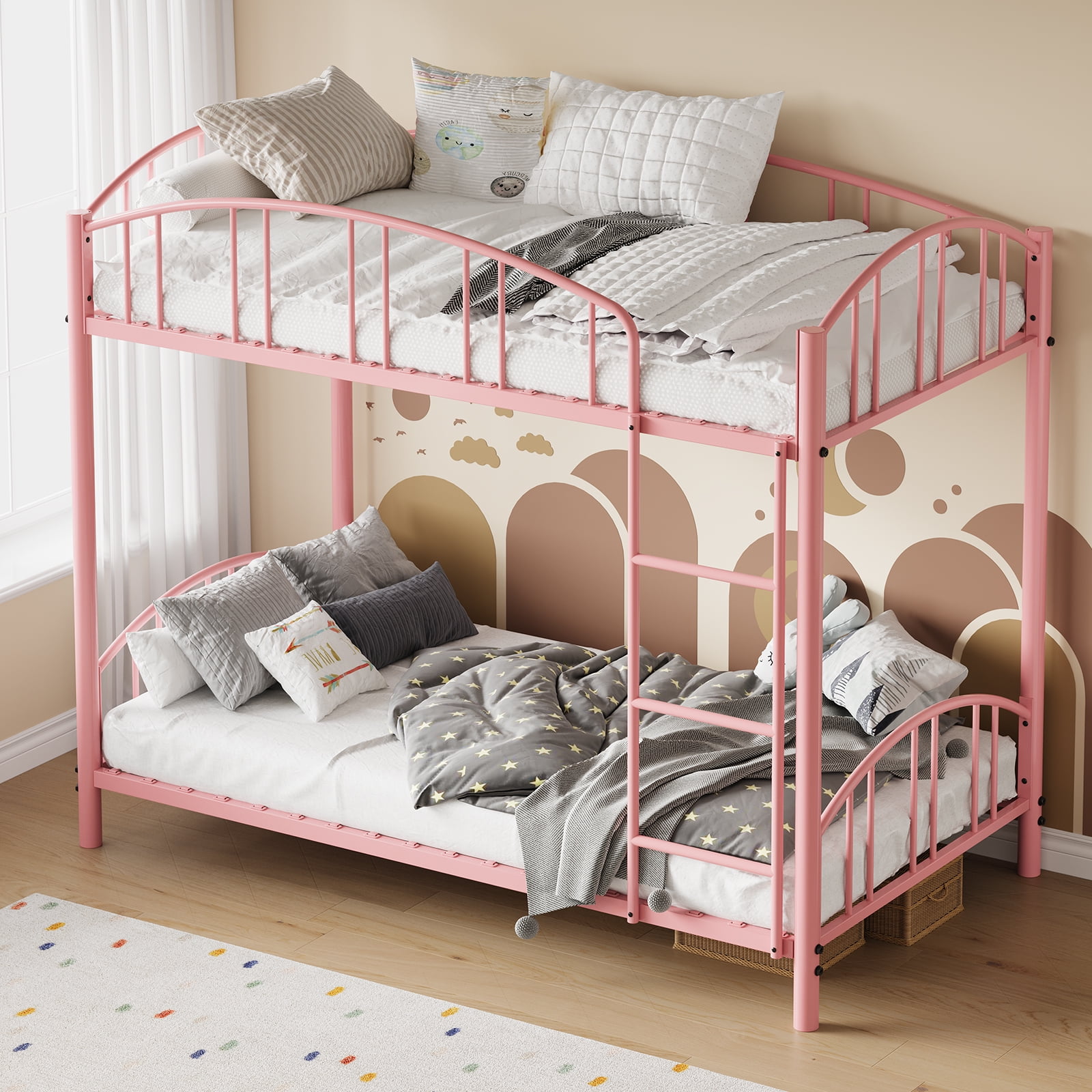 GIMMYFIVE Twin Over Twin Metal Bunk Bed, Heavy Duty Steel Frame, Safety ...