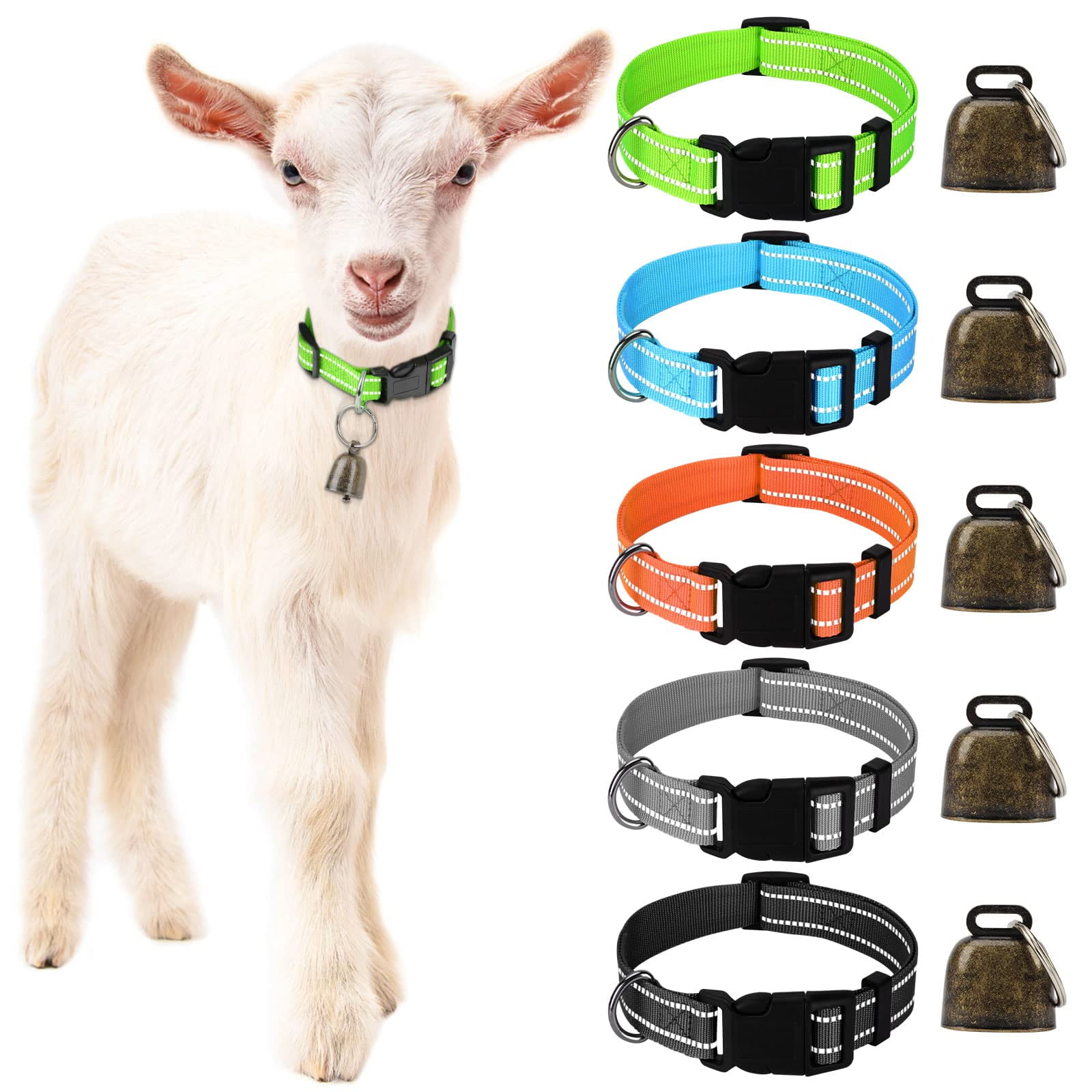 GINDOOR 5 Pack Reflective MZF22 Goat Collars with Horse Sheep Grazing Copper Bells and ...