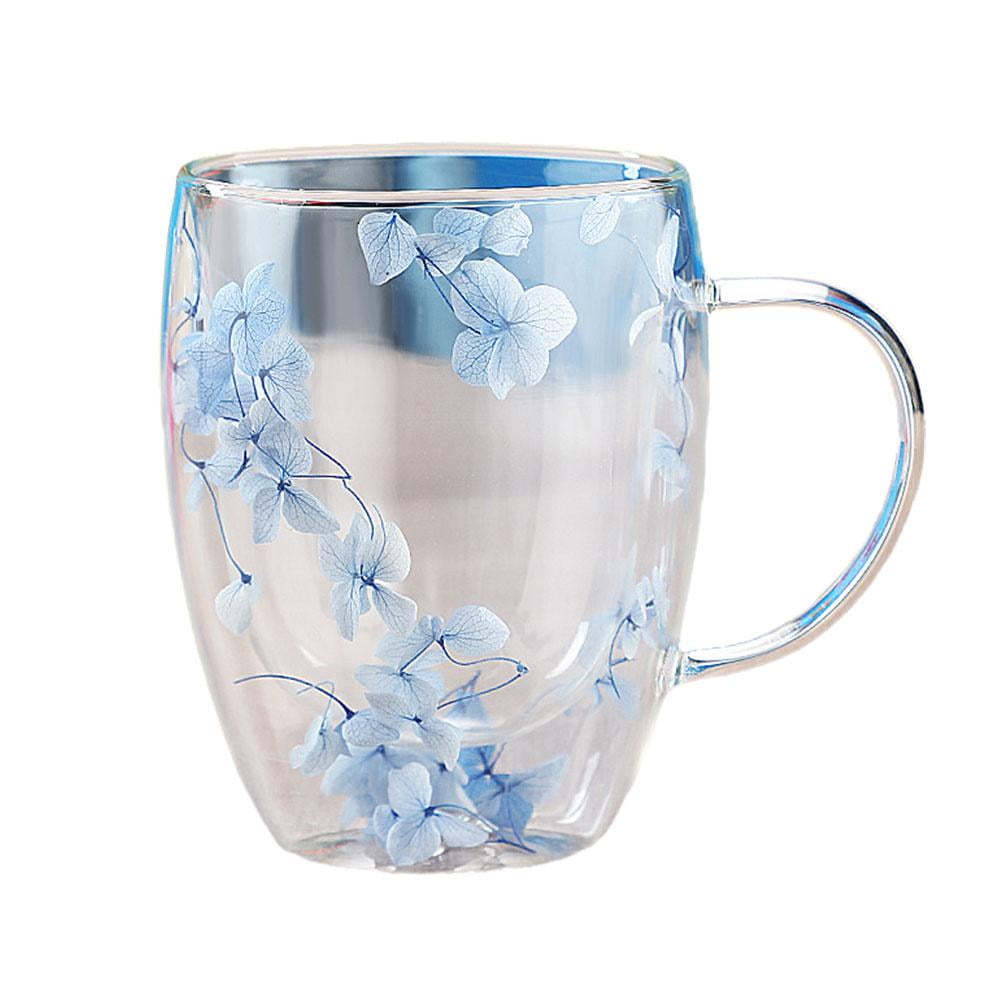 GINTBN Double Walled Glass Coffee Mugs, 11.8oz Flower Wall Glass Cups ...