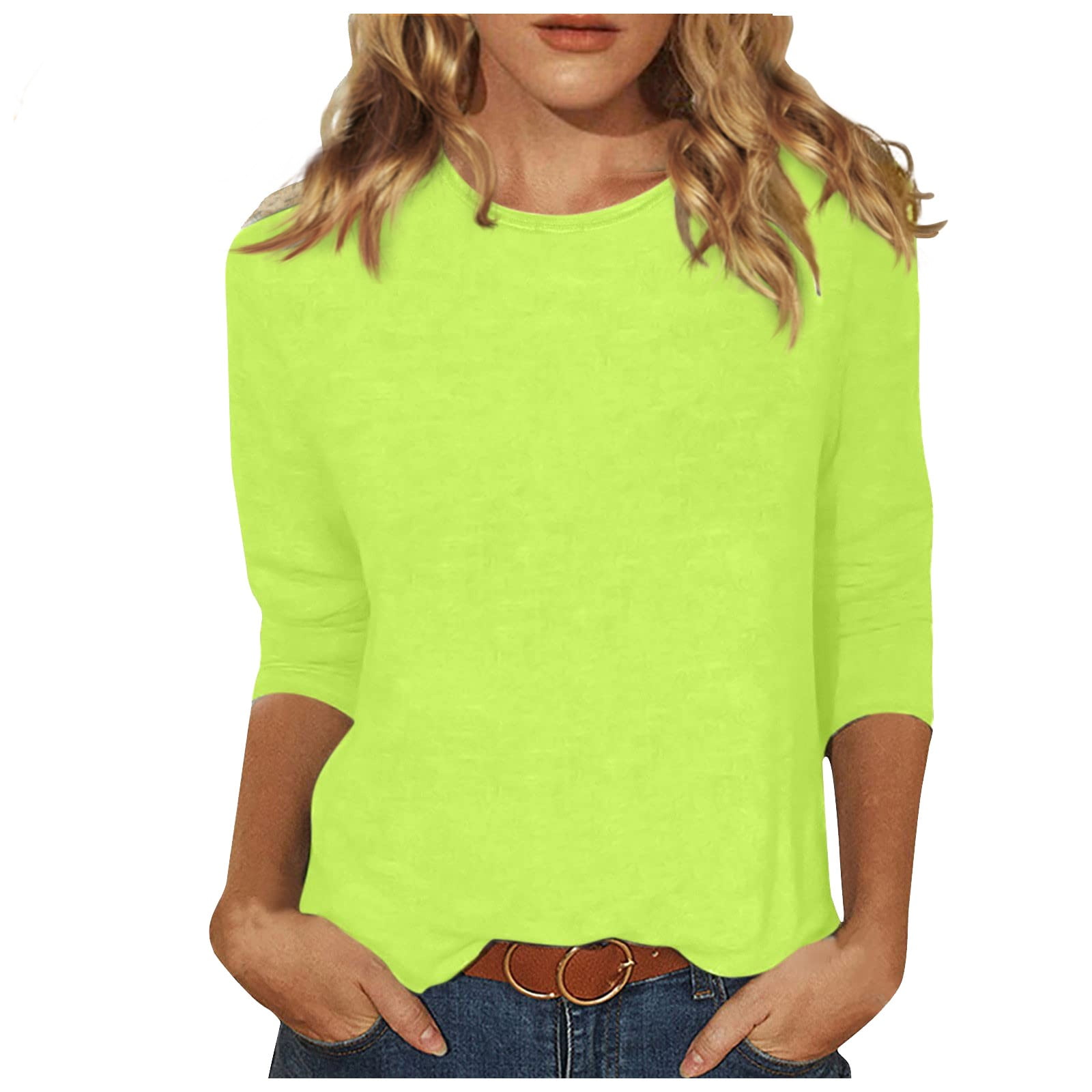 GIPQJK 3/4 Sleeve Tops for Women Casual Solid Color Crewneck T Shirts ...