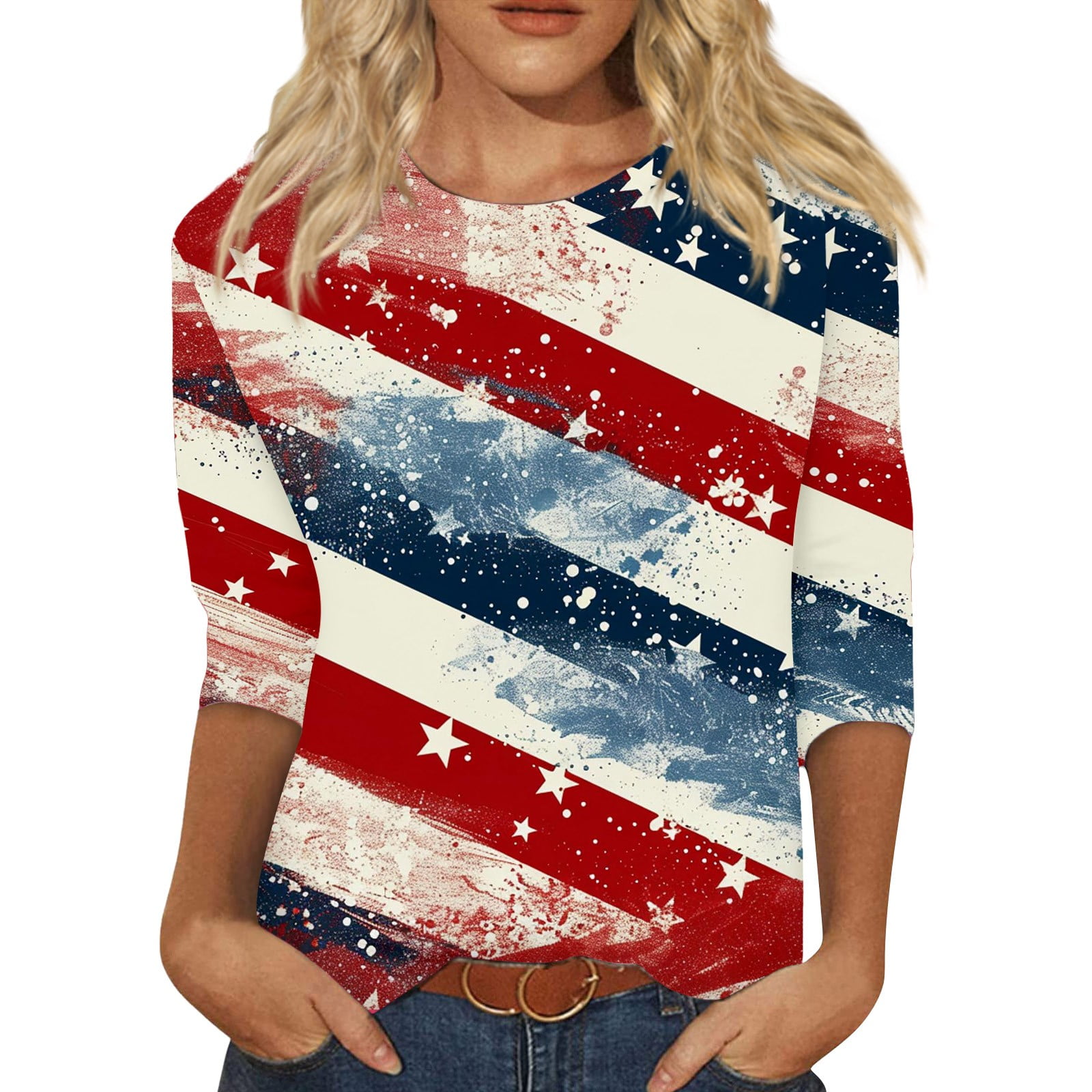 GIPQJK 4th of July 3/4 Sleeve T Shirts for Women Summer American Flag Tops Patriotic Tees USA ...