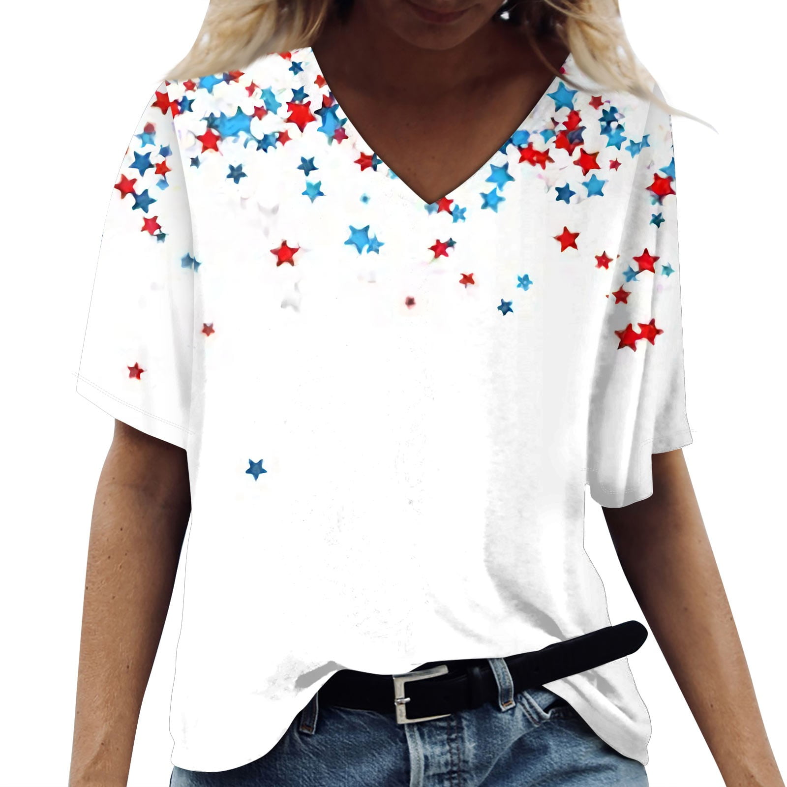 Gipqjk 4th Of July Ladies Star Striped Tops And Blouses Henley Neck