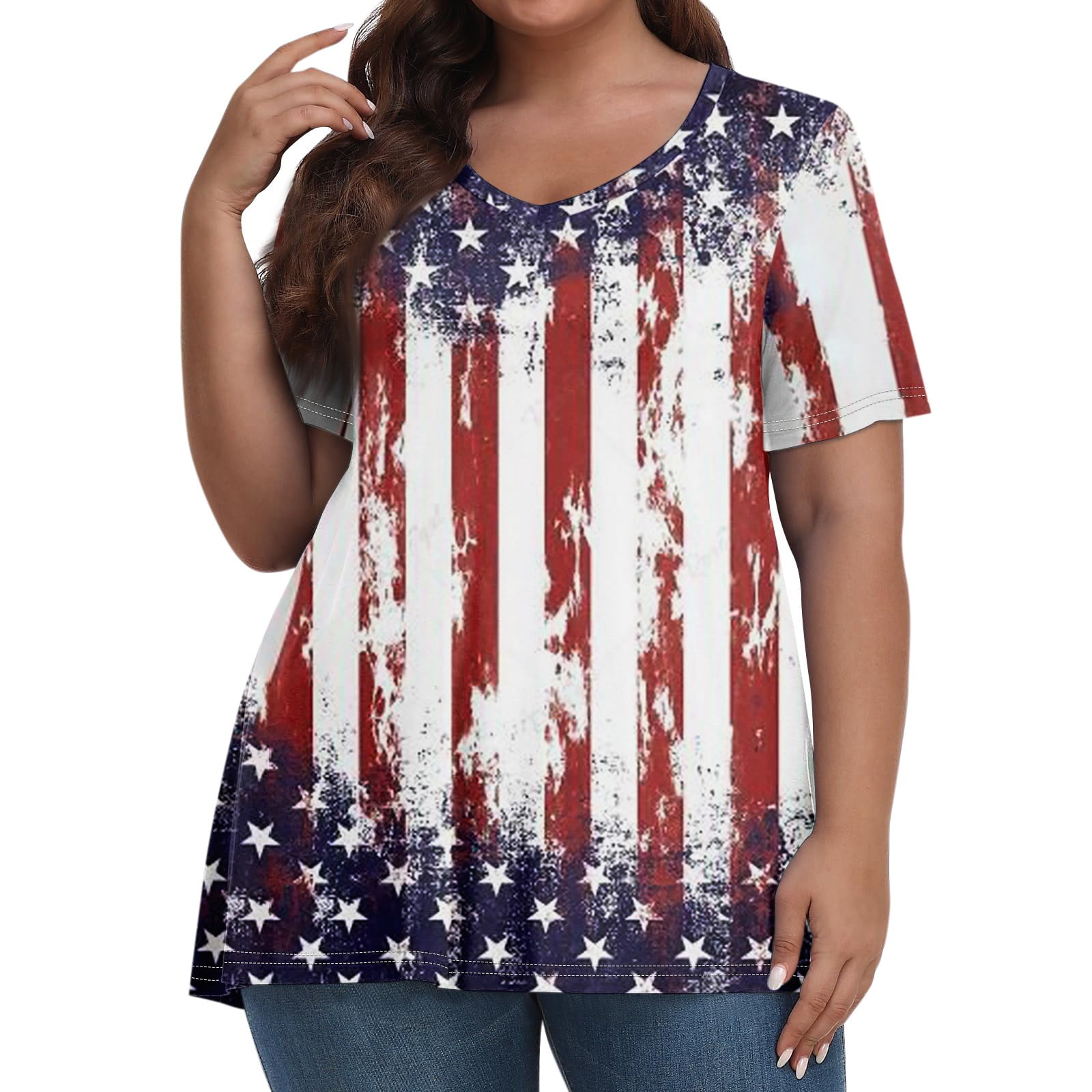 GIPQJK 4th of July Plus Size Summer Outfits 4x-5x V Neck Short Sleeve ...