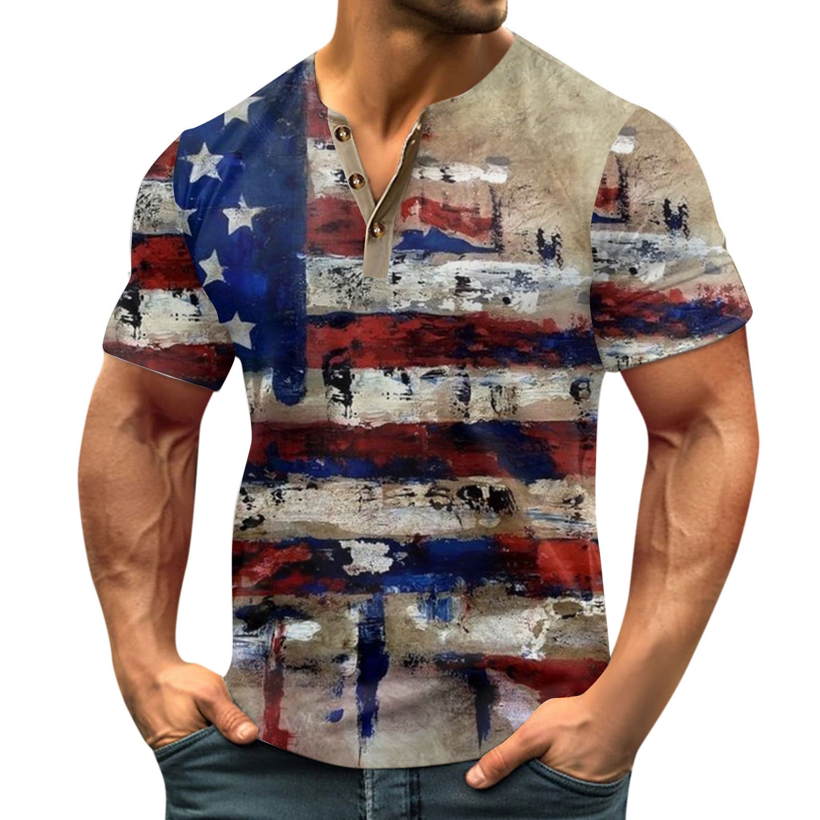 Gipqjk 4th Of July Henley Shirts For Men 3 Buttons Short Sleeve T Shirt