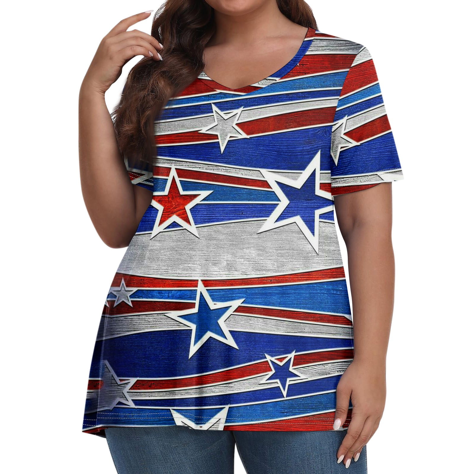 GIPQJK 4th of July Plus Size Tunic Tops for Women 4x-5x Short Sleeve V ...