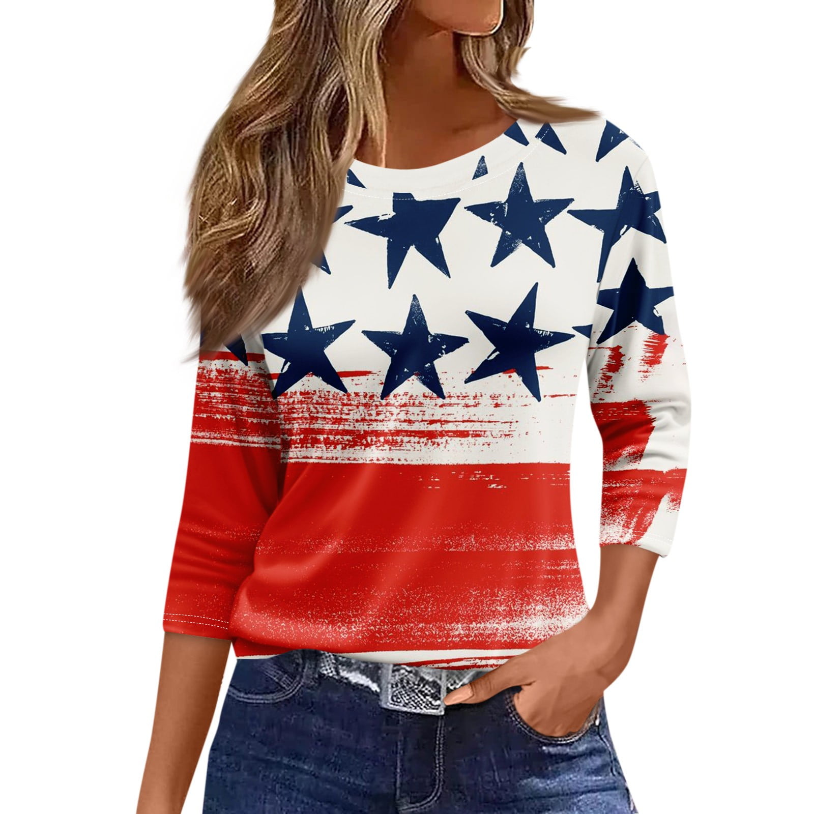 GIPQJK Elbow Length Sleeve Tee Shirts for Women Independence Day Print ...