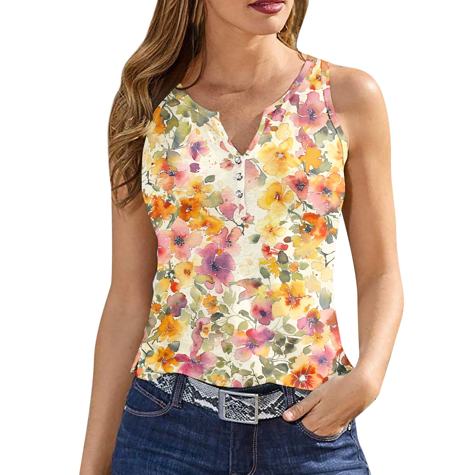 GIPQJK Ethnic Floral Print Sleeveless Tops for Women Buttons Henley ...