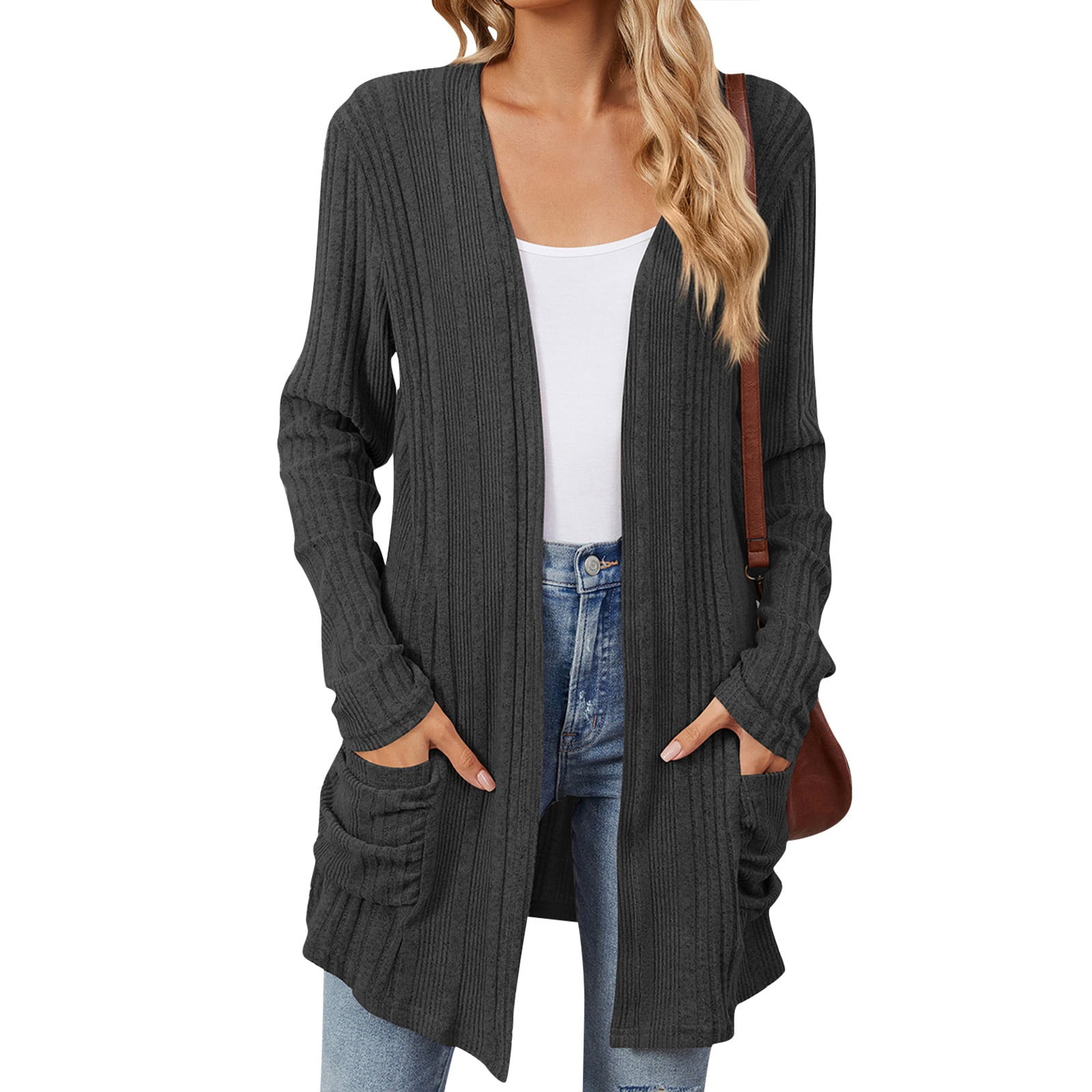 GIPQJK Gray Cardigan for Women Open Front Waffle Knit Sweaters Long ...