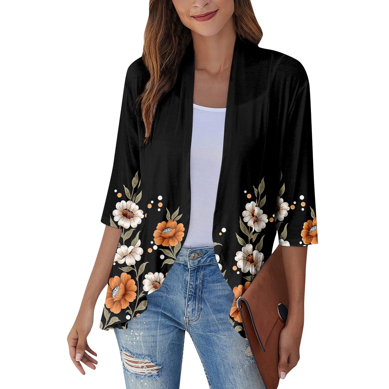 GIPQJK Kimono Cardigans for Women Ruffle 3/4 Sleeve Plus Size Cardigan ...