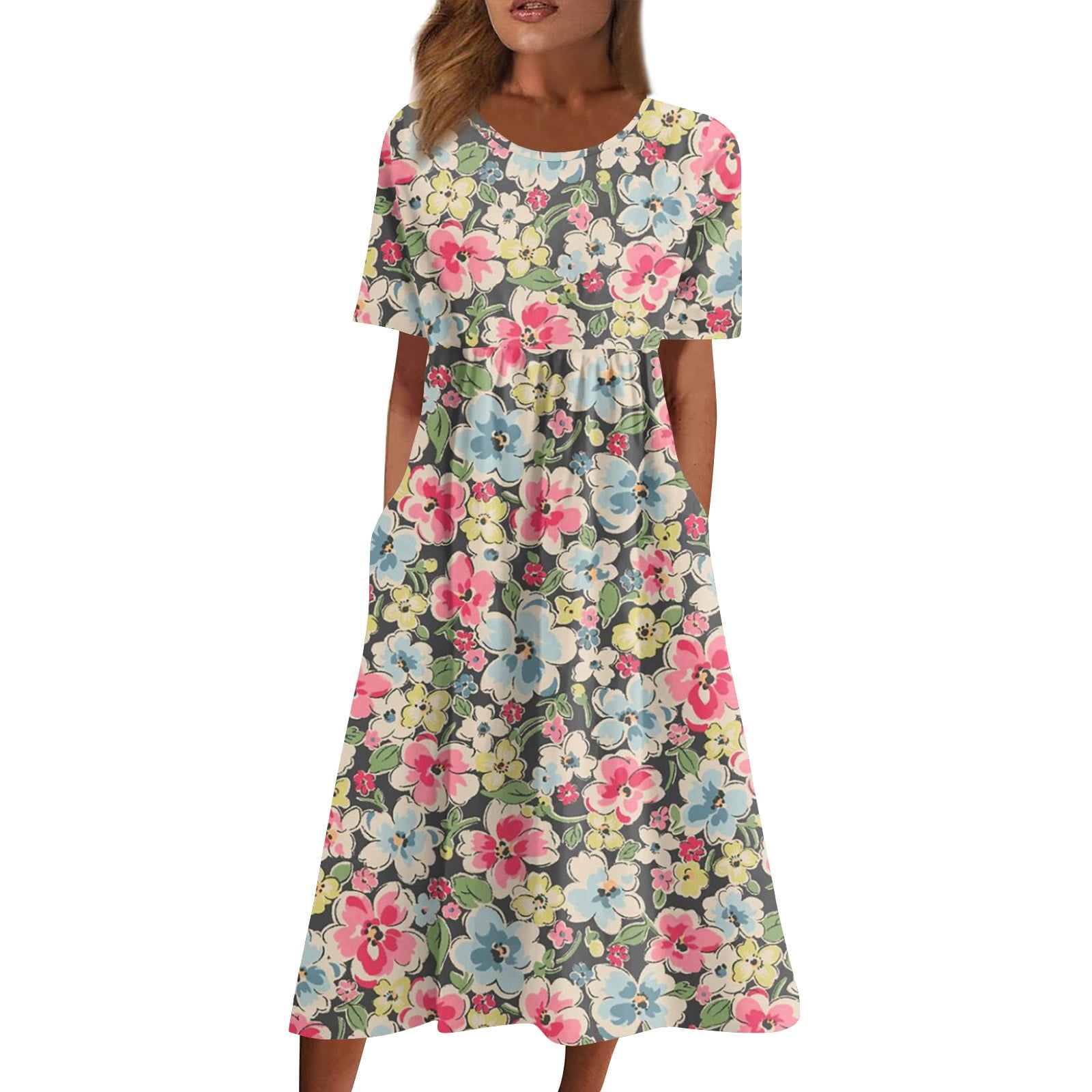 Gipqjk Midi Dresses For Women Vacation Causal O Neck Floral Print Maxi
