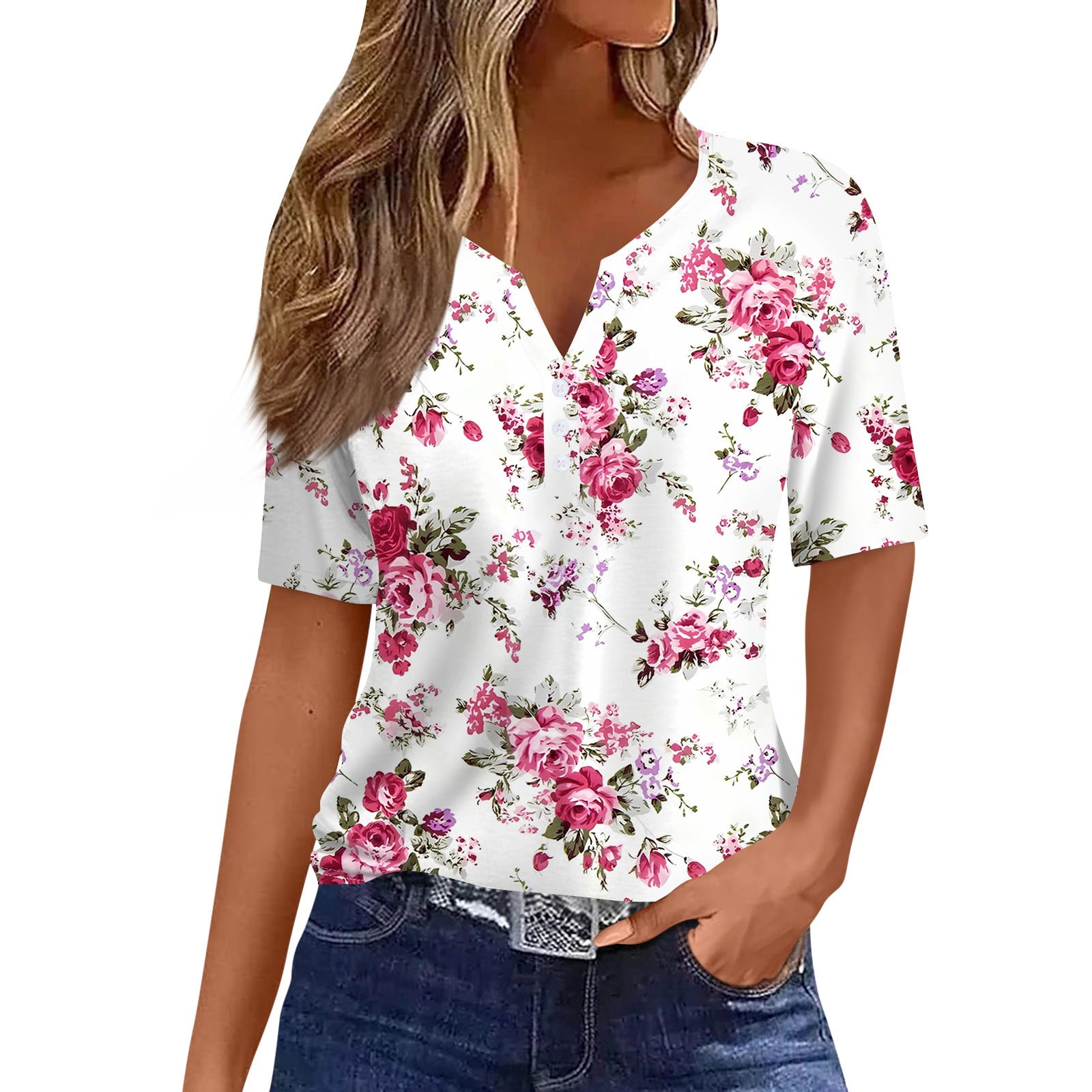 Gipqjk Plus Size Tops For Women 2024 Vacation Trendy Henley V Neck