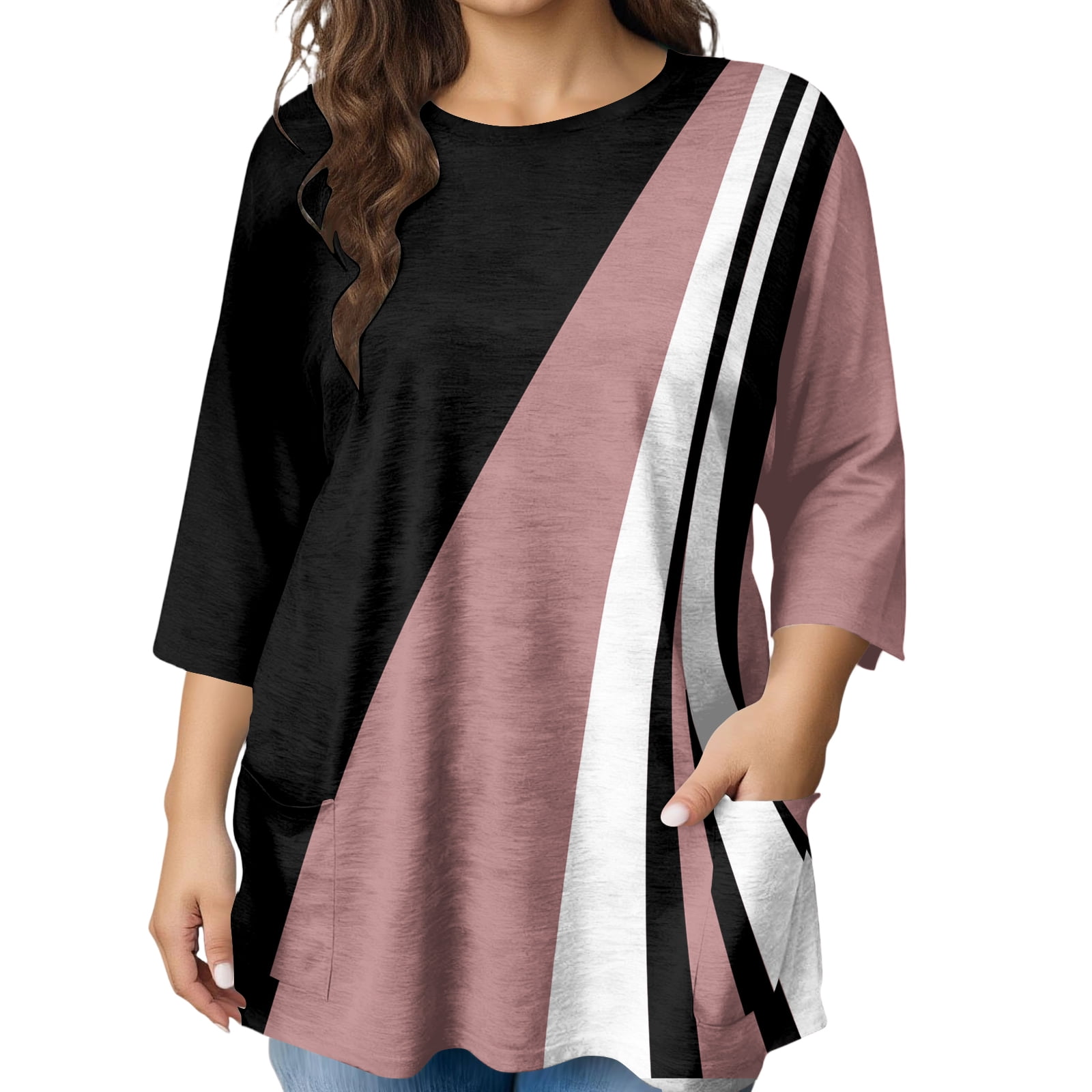 GIPQJK Plus Size Tops for Women 3/4 Length Sleeve Crewneck Oversized ...