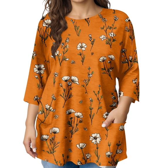 GIPQJK Plus Size Tops for Women 3/4 Sleeve Round Neck Loose Fit Fit T ...