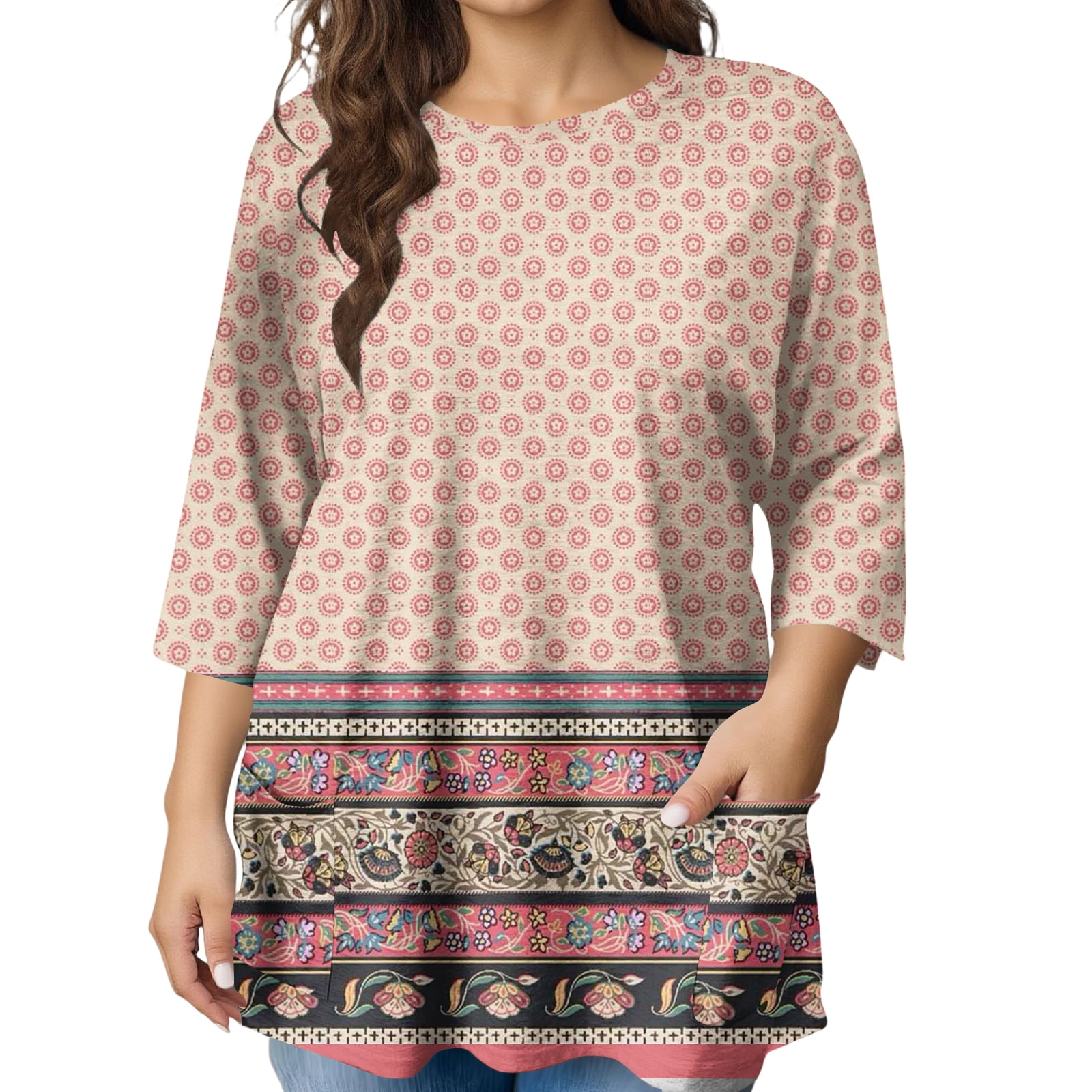 GIPQJK Plus Size Tunic Tops for Women 3/4 Length Sleeve Round Neck ...