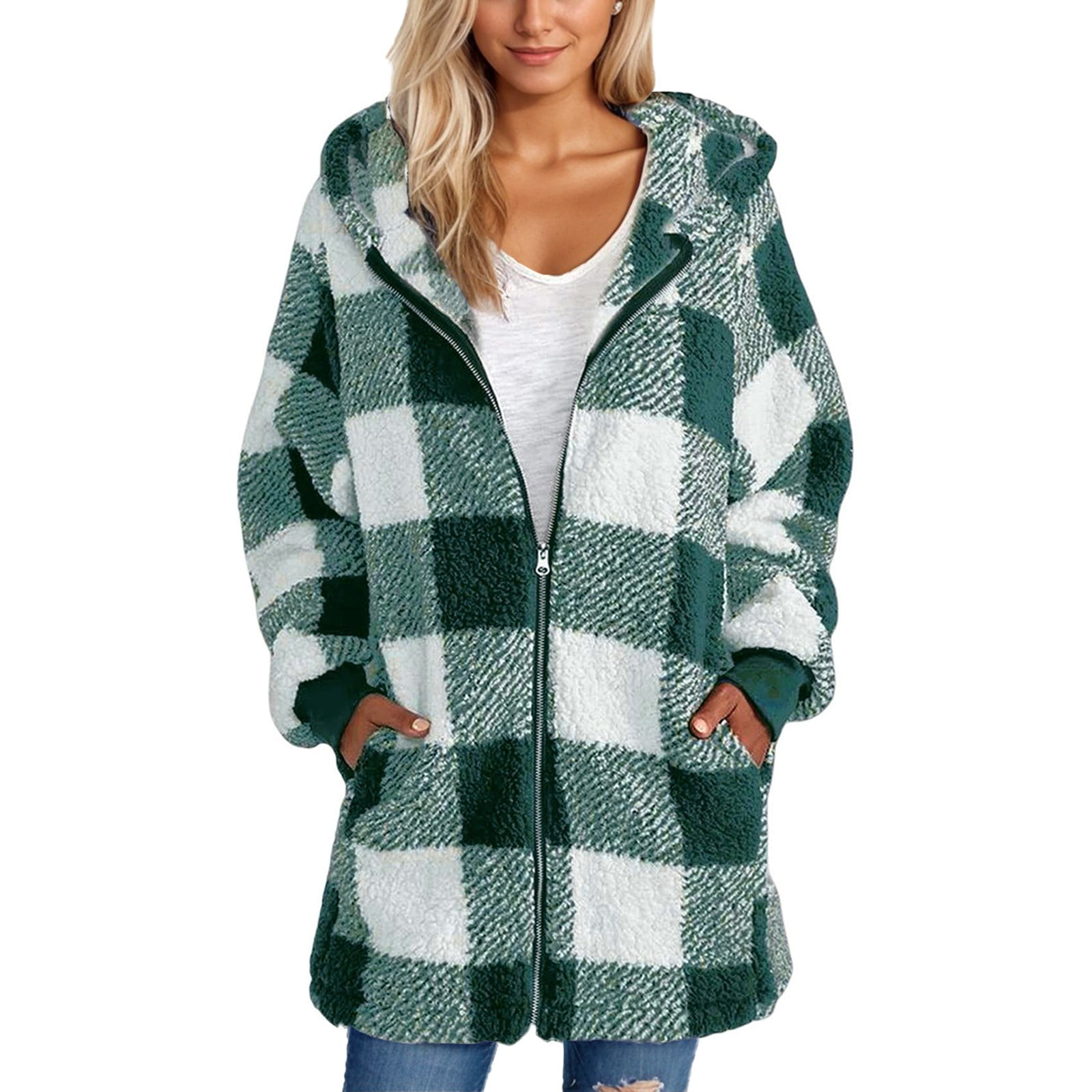 GIPQJK Sherpa Jacket for Women Plus Size Lined Plaid Zip Up Shacket ...