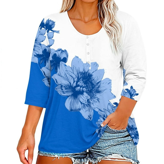 Gipqjk Shirts For Women Womens Fashion Casual 3 4 Length Sleeve Round