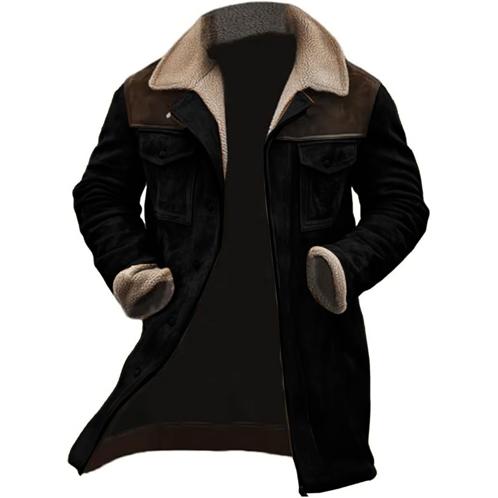 GIPQJK Men's Fleece Coats Suede Patchwork Trucker Warm Long Jackets ...